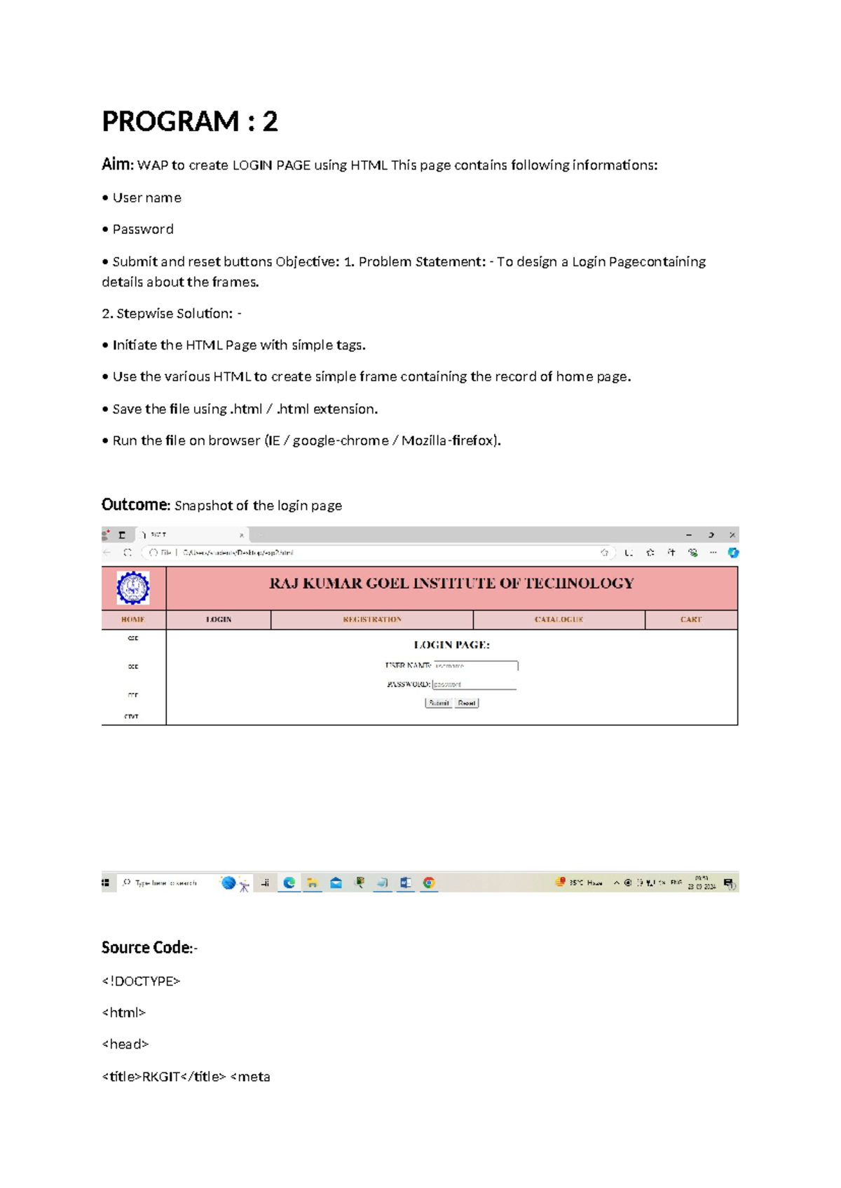 Experiment 2 - wdw exp 2 - PROGRAM : 2 Aim: WAP to create LOGIN PAGE ...