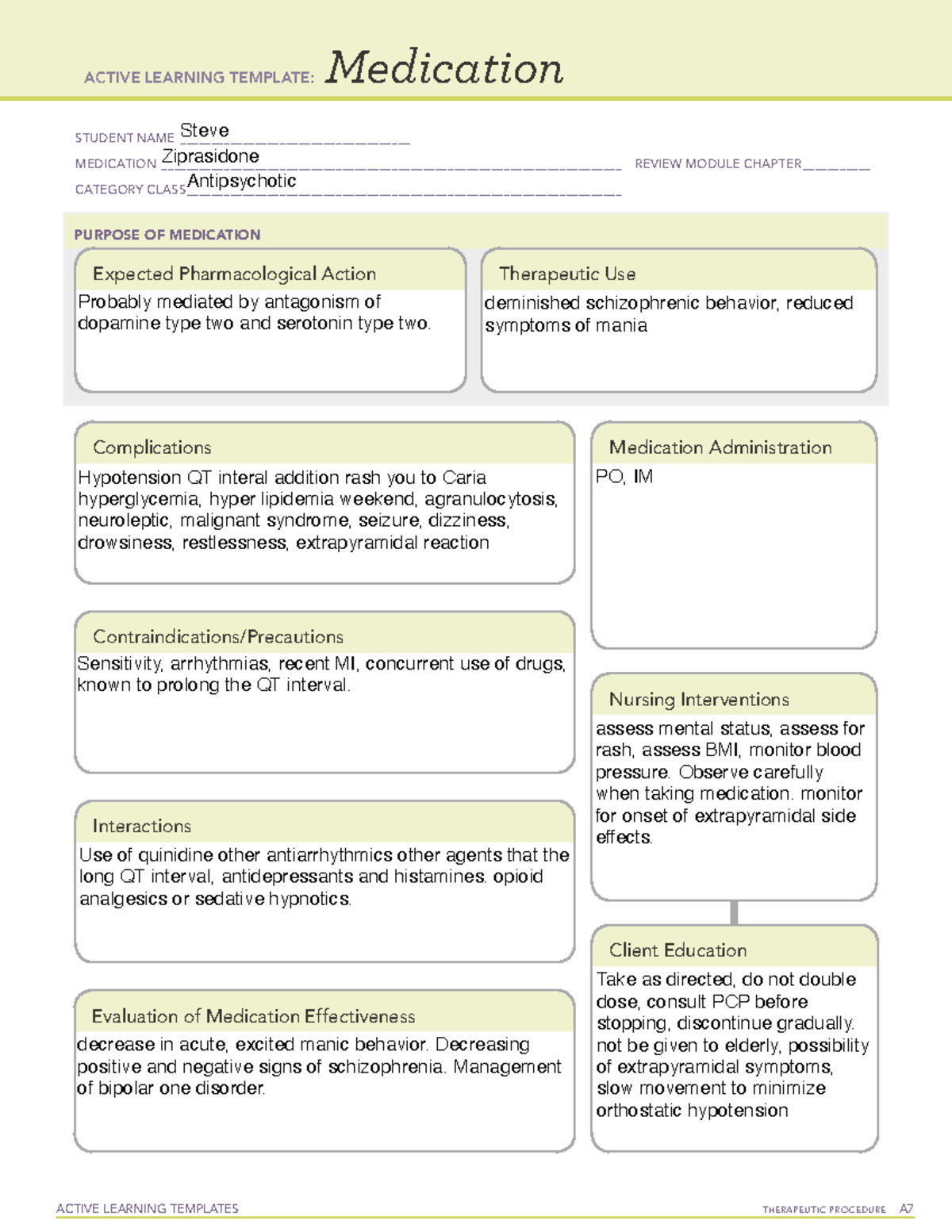 ATI Ziprasidone - ACTIVE LEARNING TEMPLATES TherapeuTic procedure A ...