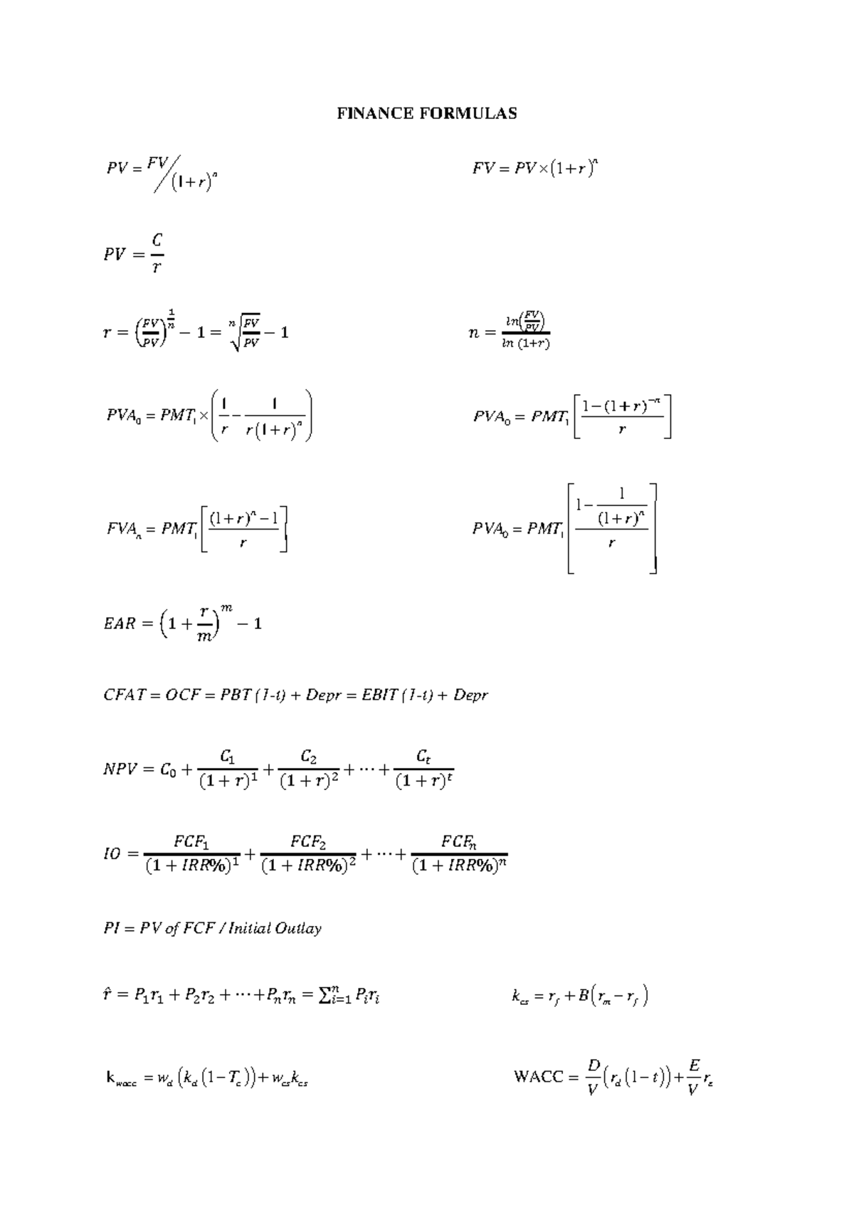 ACCT102-23 exam formulas v2 - FINANCE FORMULAS ( 1 ) n PV FV r = + ( 1 ...