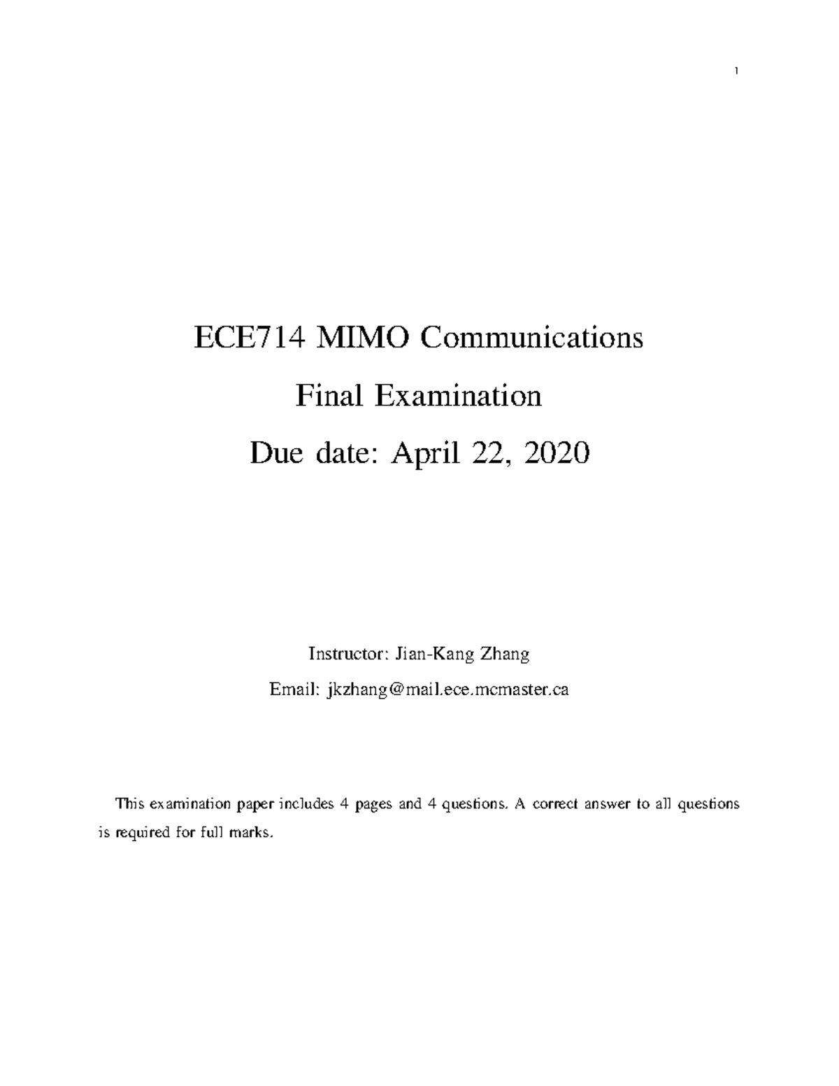 Final exam 714 2020 - Lecture notes 1 - ECE714 MIMO Communications ...