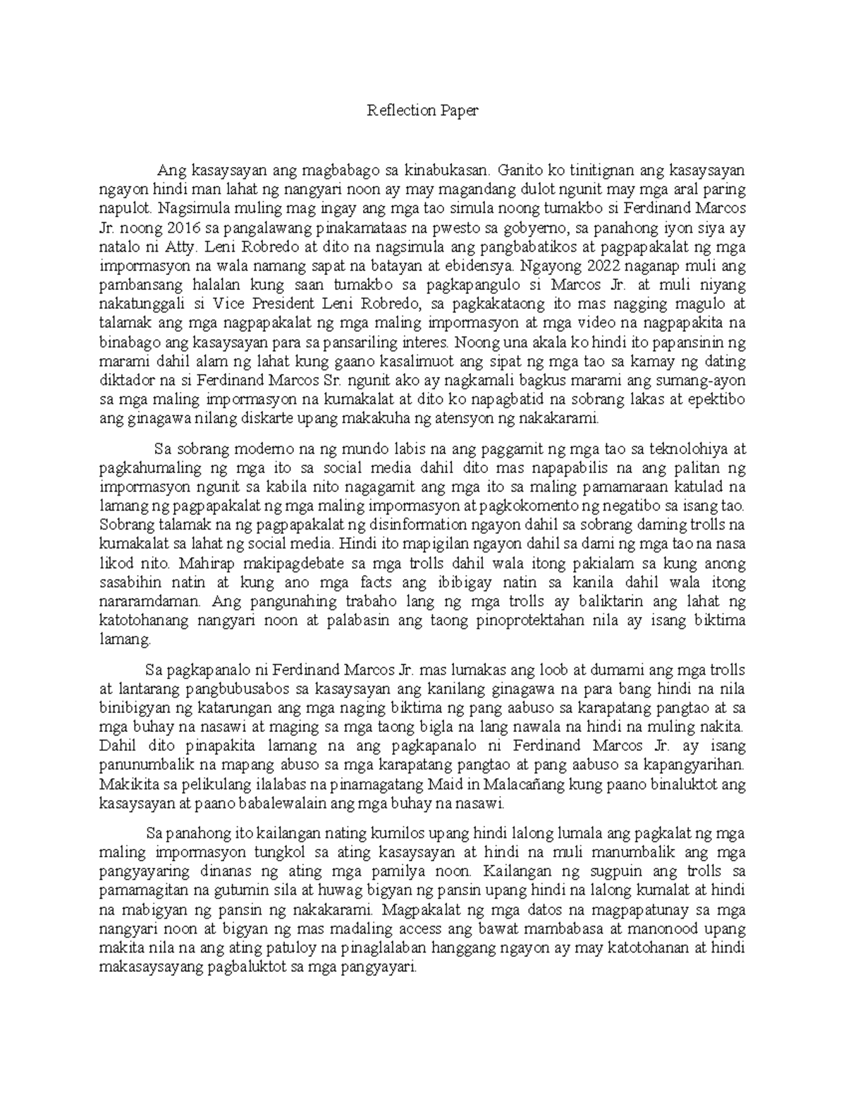 Reflection Paper - essay - Reflection Paper Ang kasaysayan ang ...