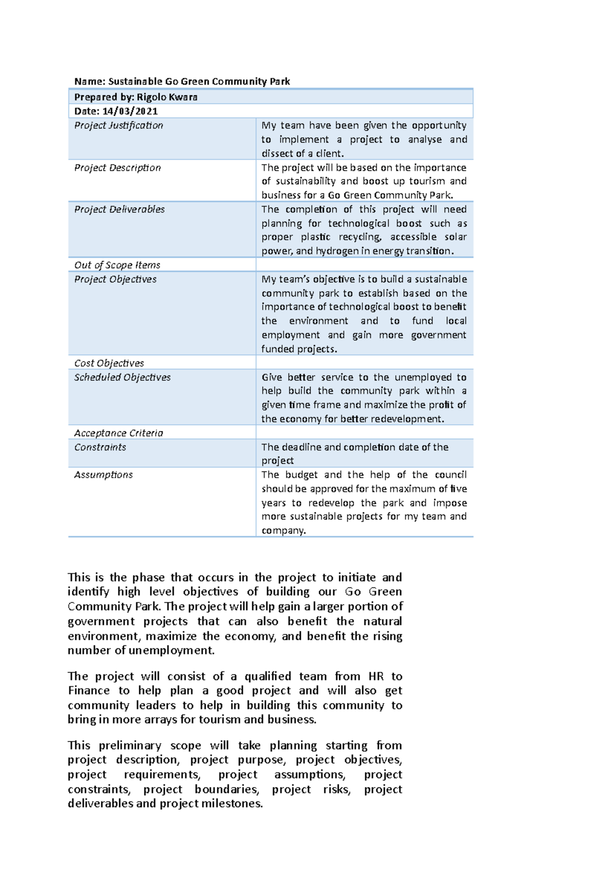 Project Scope - Template - Name: Sustainable Go Green Community Park ...