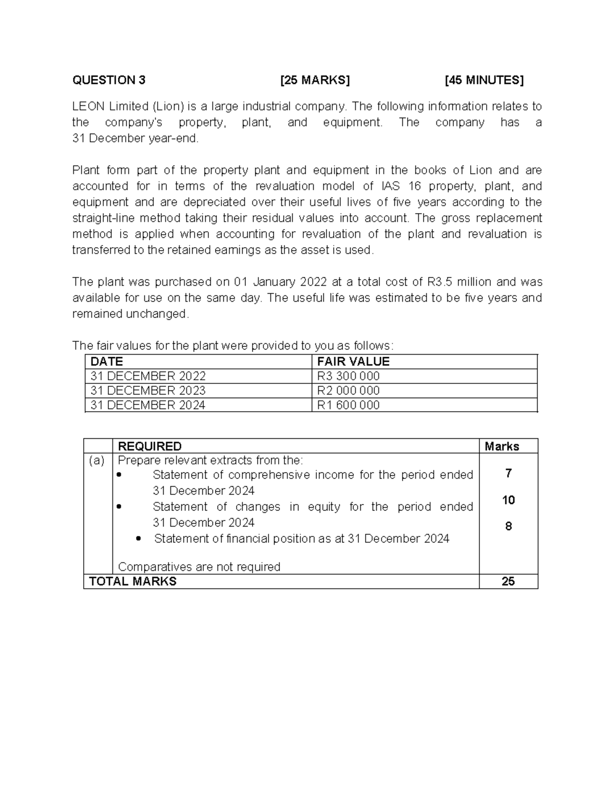 PPE Question - QUESTION 3 [25 MARKS] [45 MINUTES] LEON Limited (Lion ...