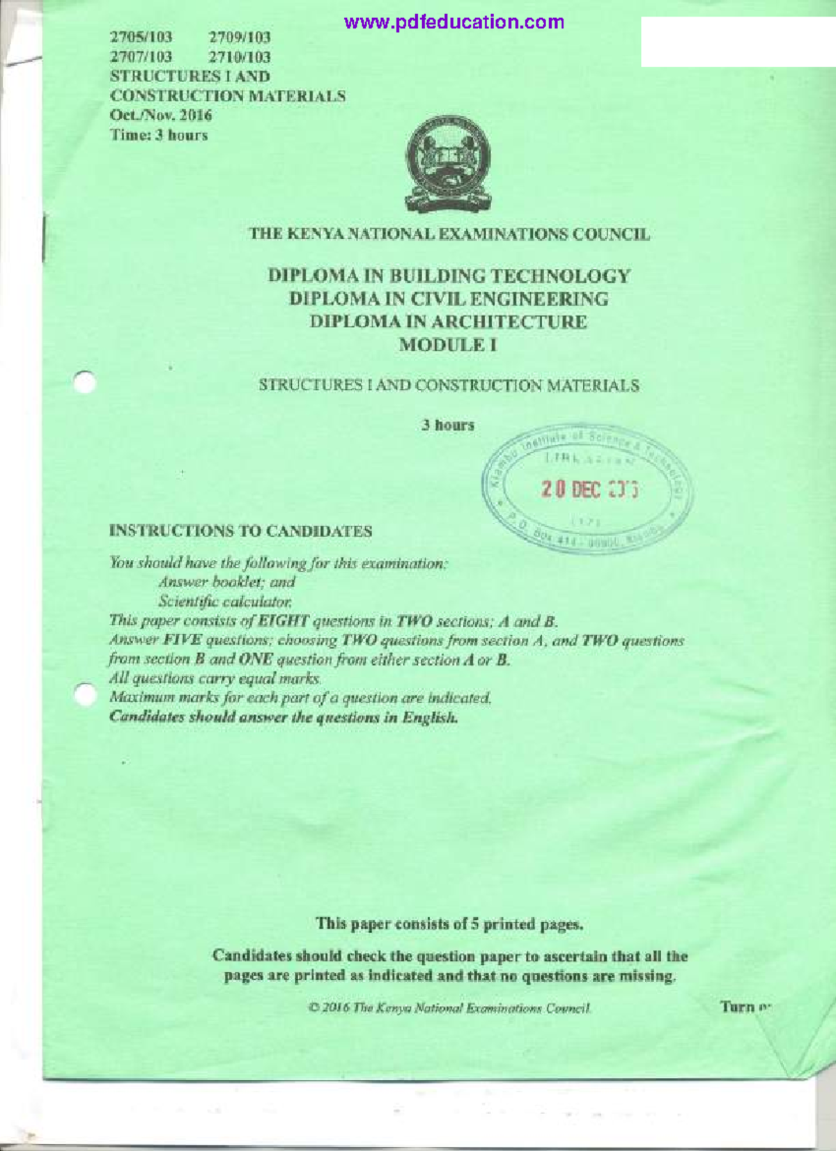 Construction Materials I Past KNEC Exam Papers Nov 2016 - project ...