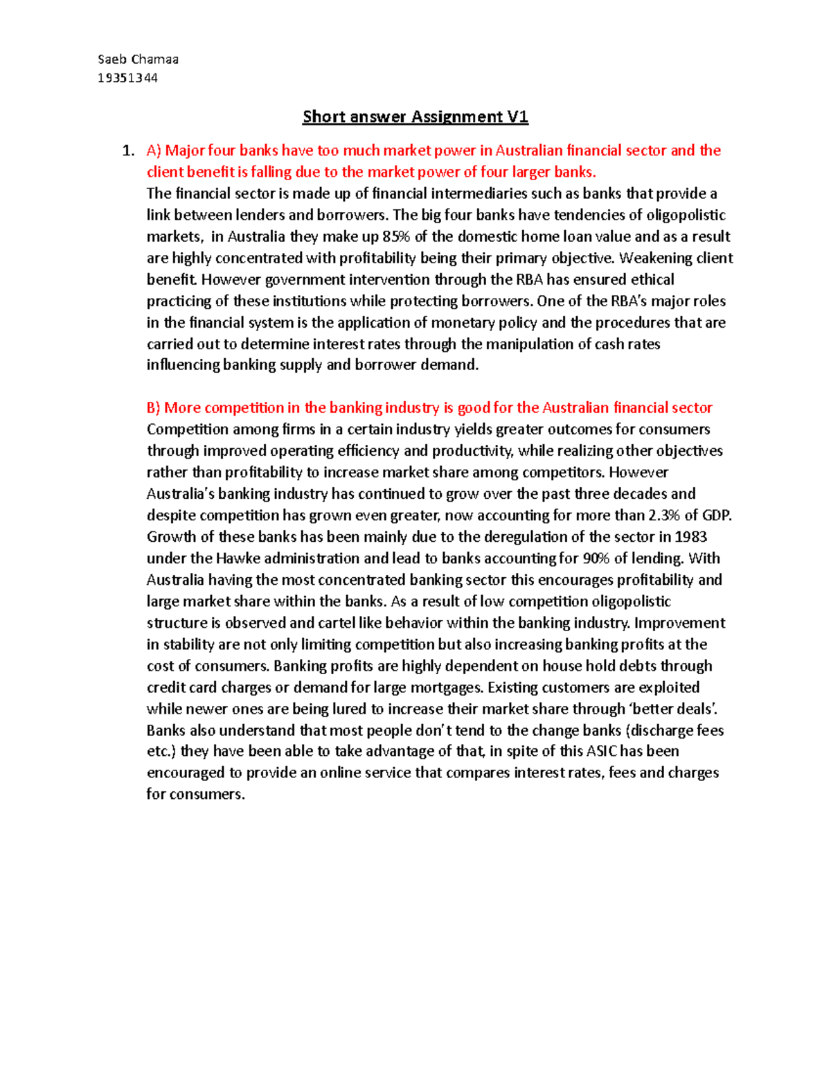 Short answer Assignment Economics - Saeb Chamaa 19351344 Short answer ...