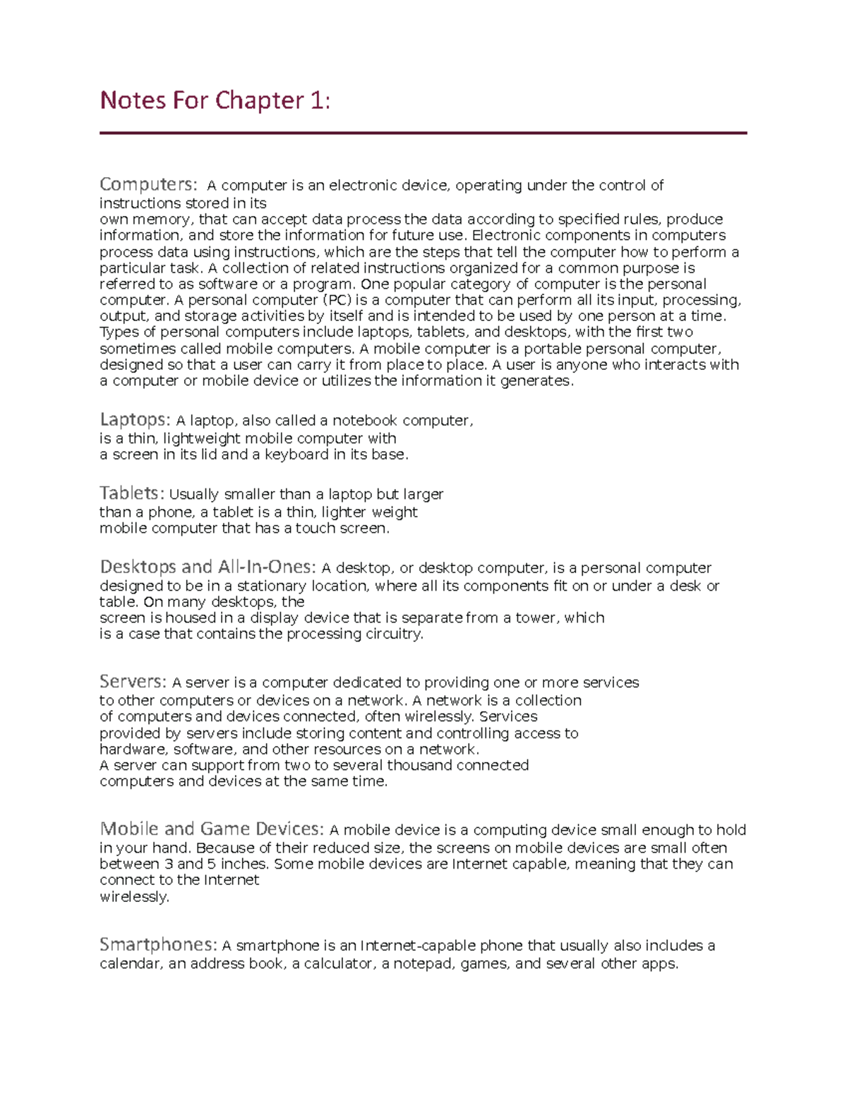 Notes For Chapter 1 - niiiiiii - Notes For Chapter 1: Computers: A ...