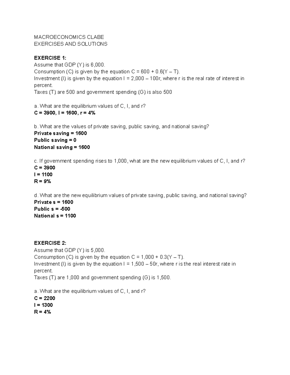 Macroeconomics - Exercises 3 - MACROECONOMICS CLABE EXERCISES AND SOLUTIONS EXERCISE 1: Assume ...