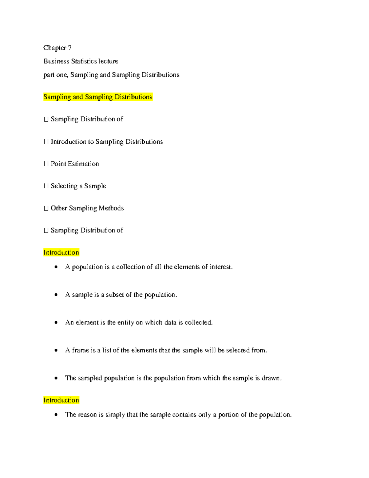 Chapter 7 Business Statistics lecture part one, Sampling and Sampling ...