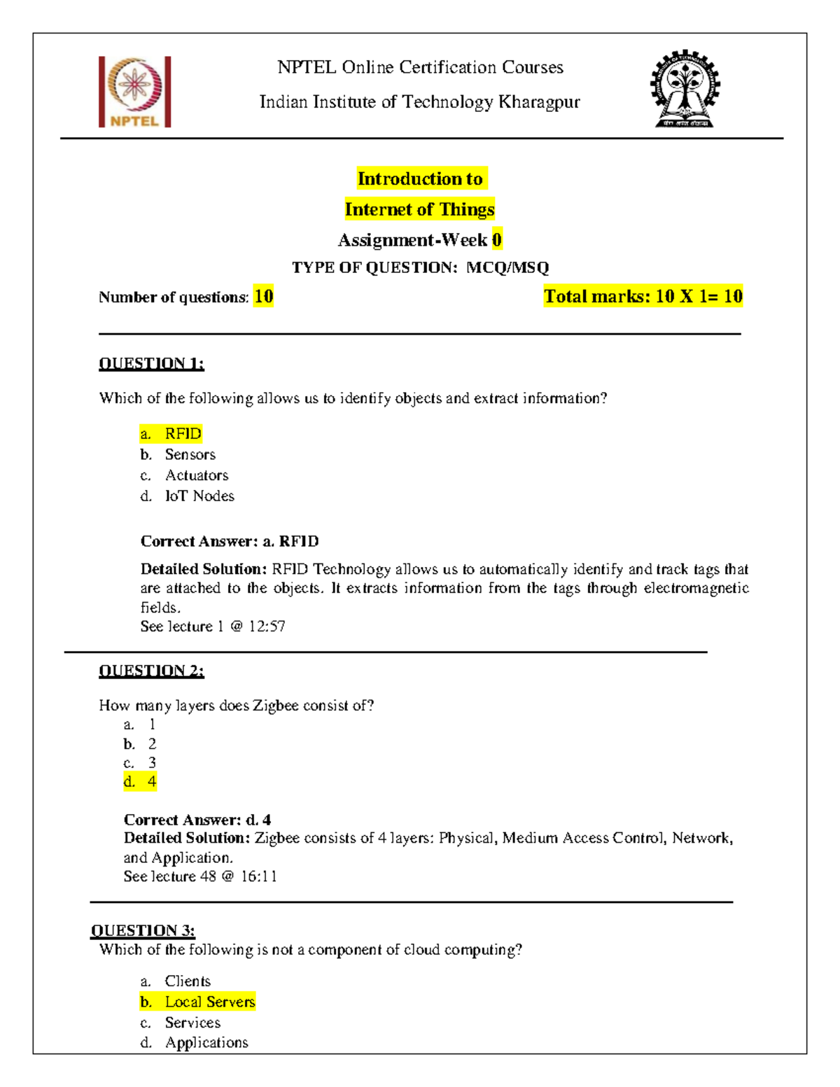 Assignment W0 July22 Assignment Of Iot Indian Institute Of