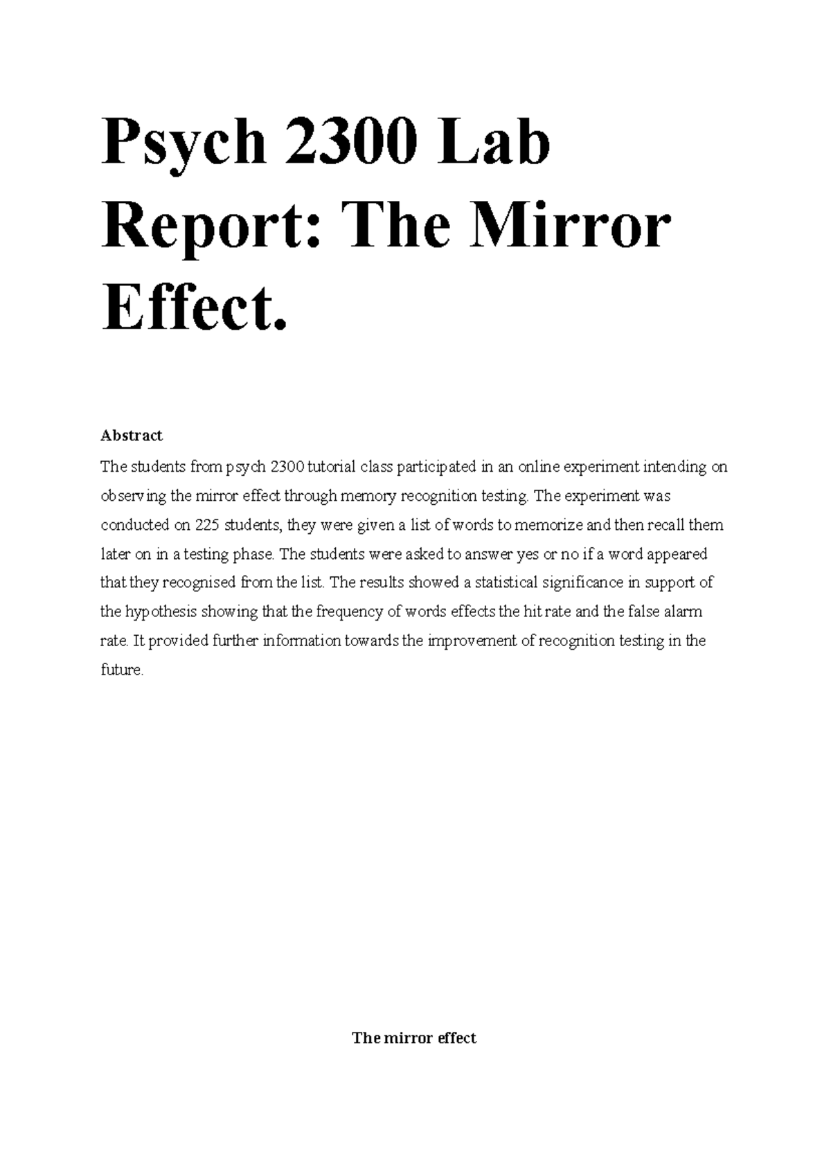 Psych 2300 Lab Report: The Mirror Effect - Studocu