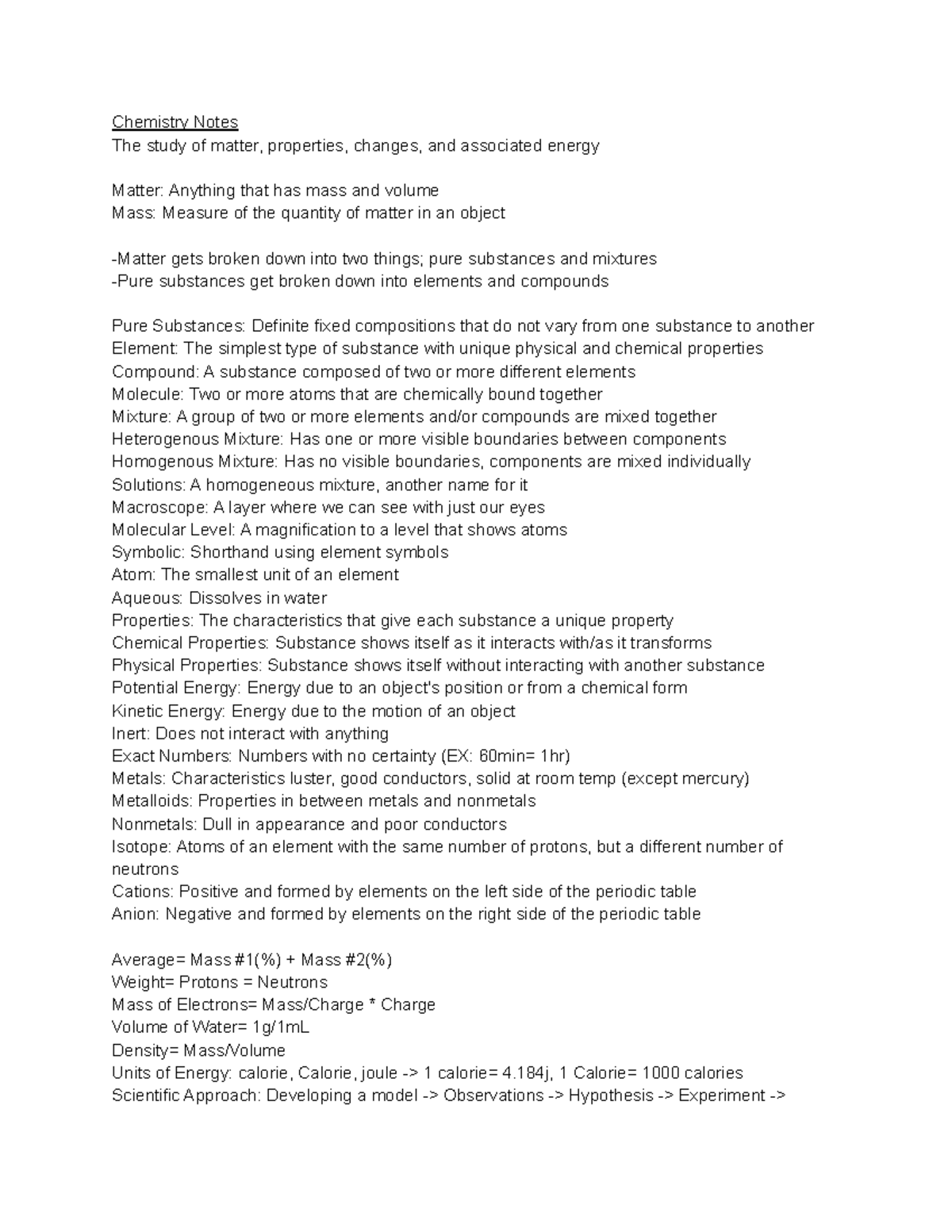 Chemistry Notes (First 5 weeks) - Chemistry Notes The study of matter ...