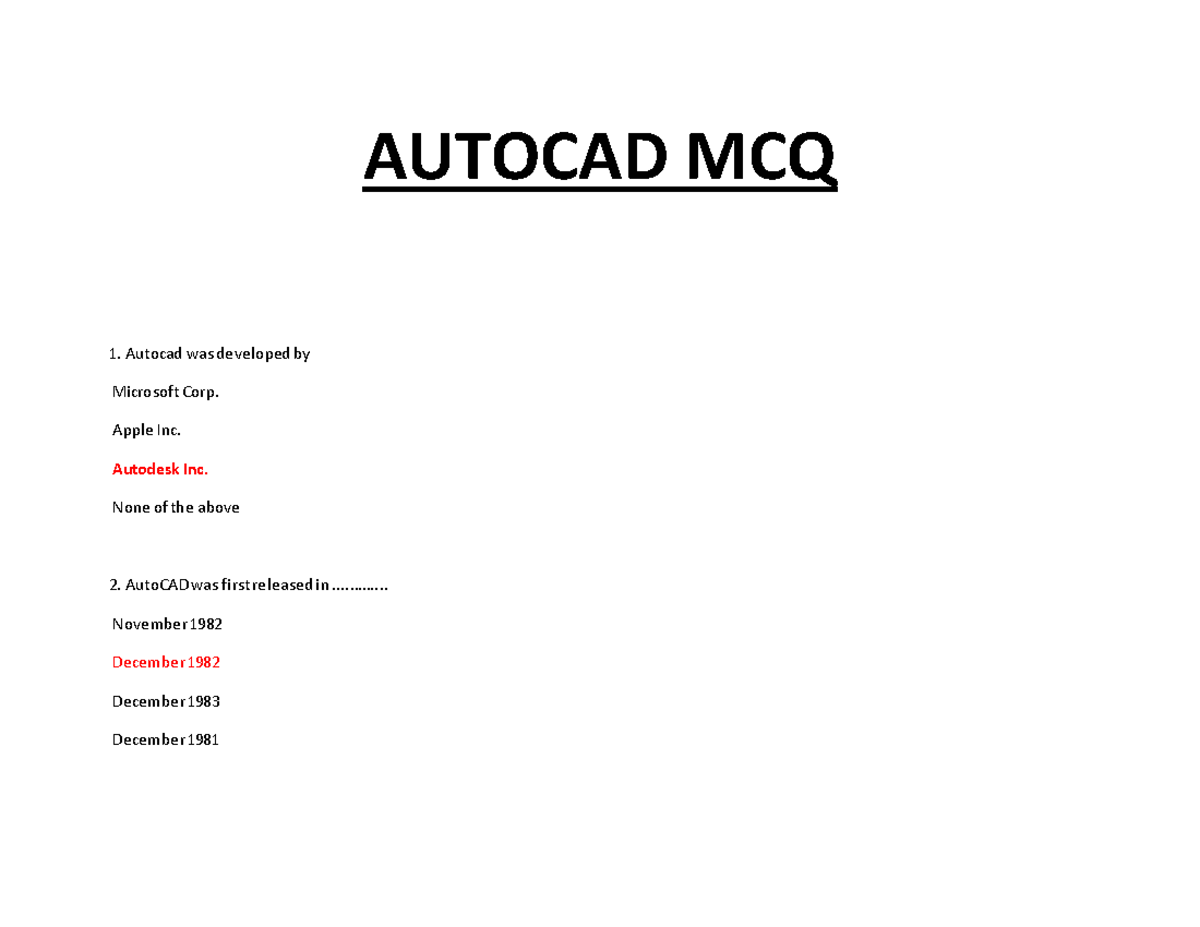 Autocad mcq questions answers old paper - AUTOCAD MCQ Autocad was ...