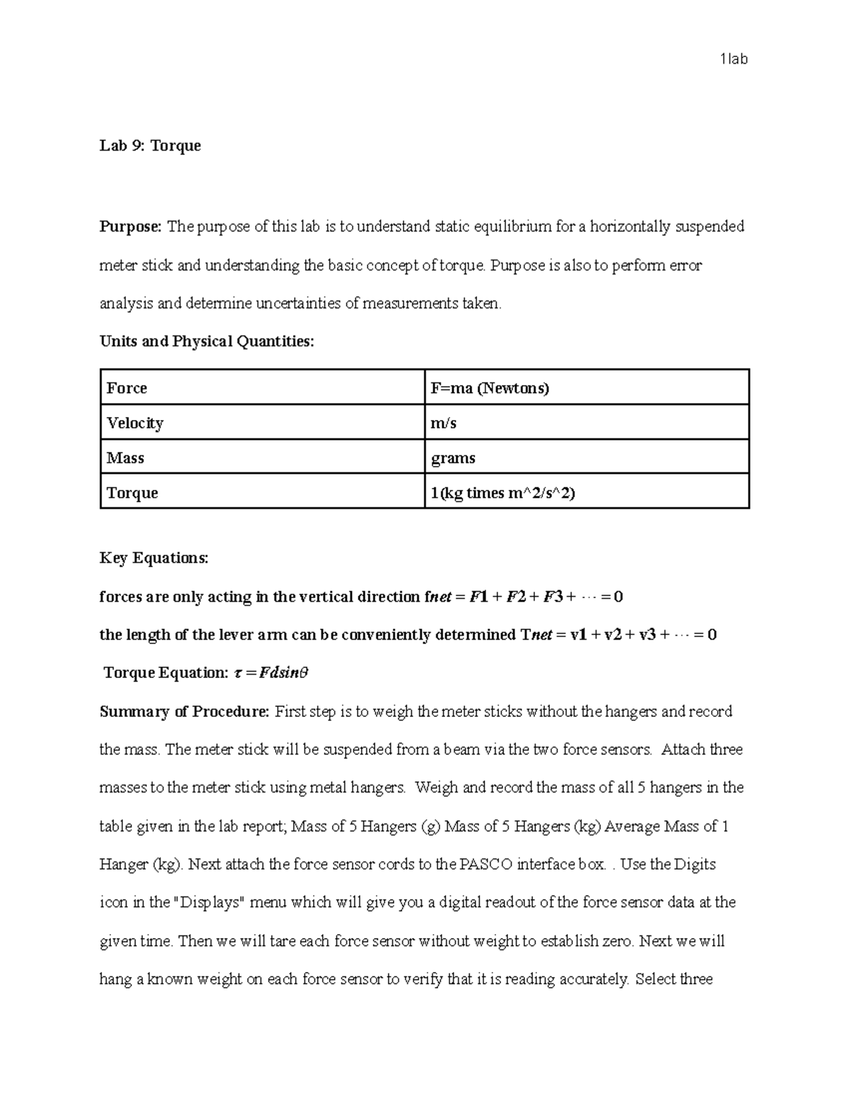 Prelab 9 Torque - 1lab Lab 9: Torque Purpose: The purpose of this lab ...