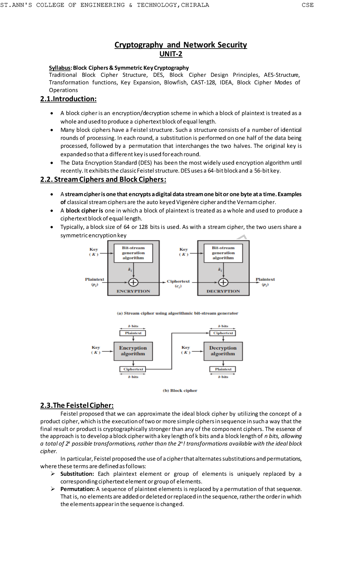 CRY-UNIT-2 - cse,it - SACET CSE Cryptography and Network Security UNIT- 2 Syllabus: Block ...