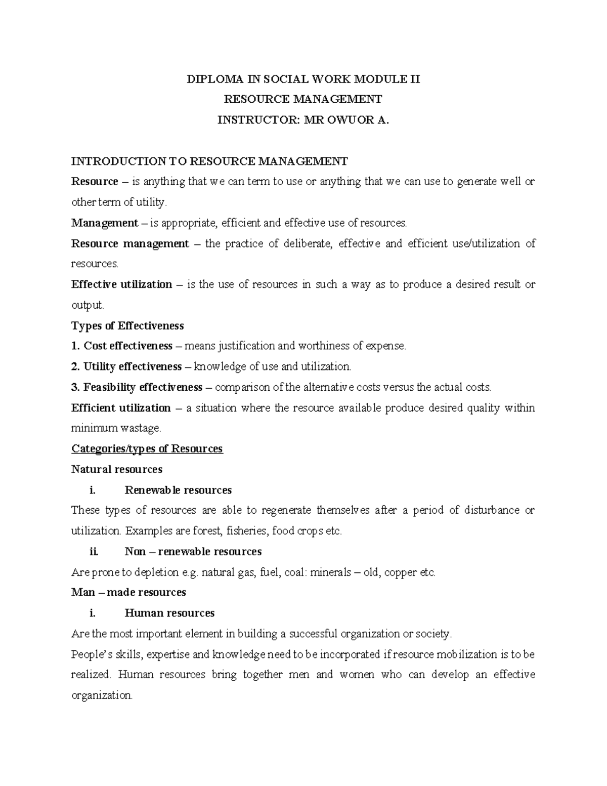 Resource Management notes-1 - DIPLOMA IN SOCIAL WORK MODULE II RESOURCE ...