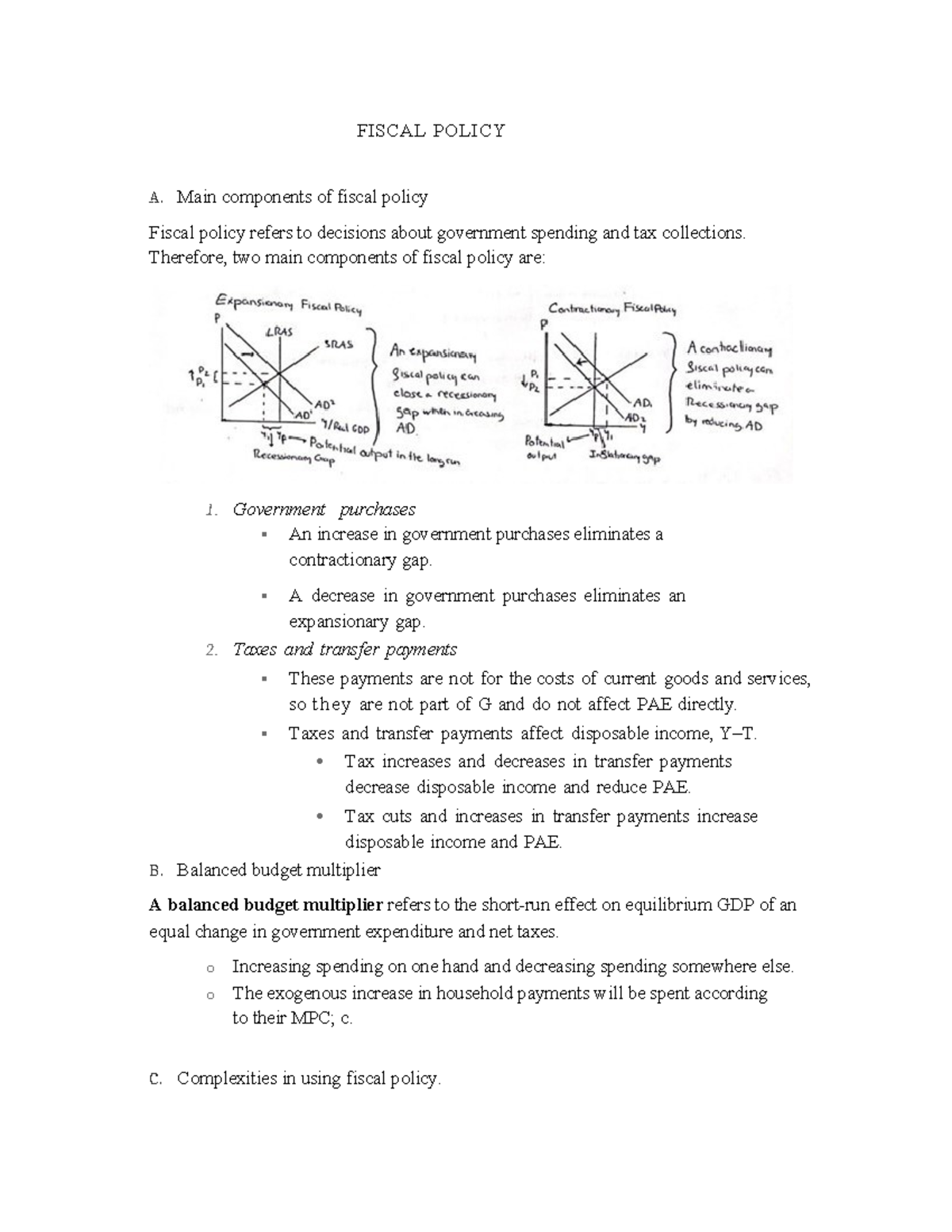 Final summary (eco) - hii - FISCAL POLICY A. Main components of fiscal ...