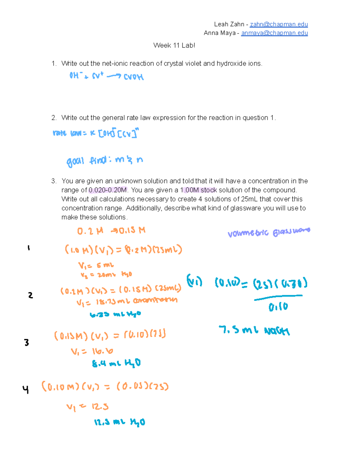 Week 11 SI - SI chem 150 lab w/ Anna - Leah Zahn - zahn@chapman Anna ...