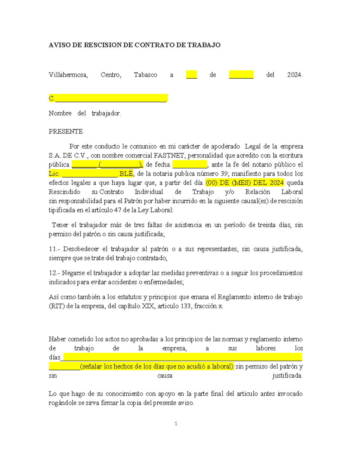 Aviso DE Rescision DE Contrato Laboral - Formato - AVISO DE RESCISION ...