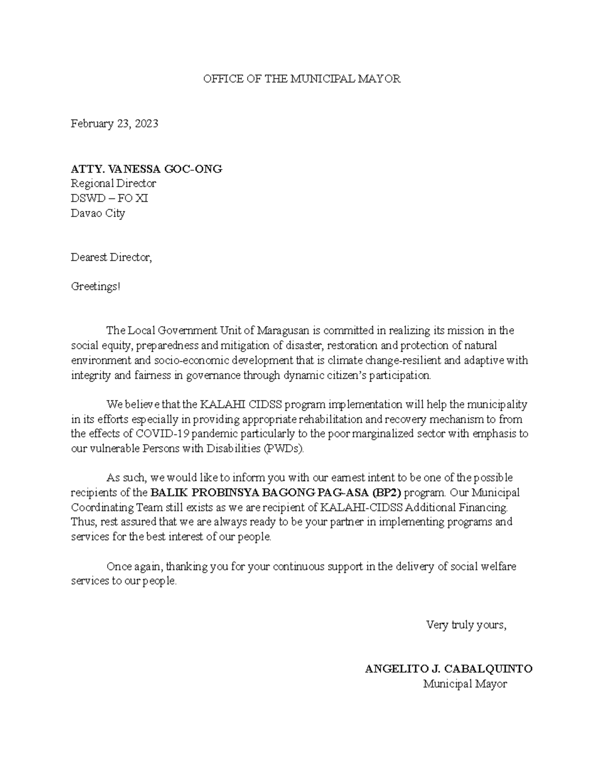 BP2 Intent Letter - GEN ED - OFFICE OF THE MUNICIPAL MAYOR February 23 ...