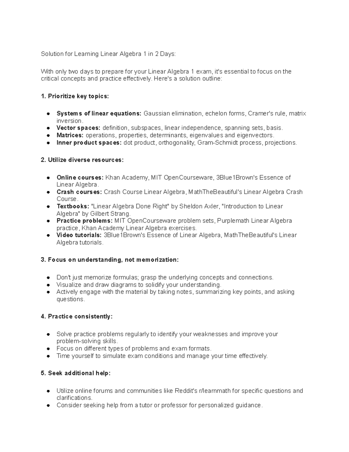 Linear algebra 1 outline. - Solution for Learning Linear Algebra 1 in 2 ...