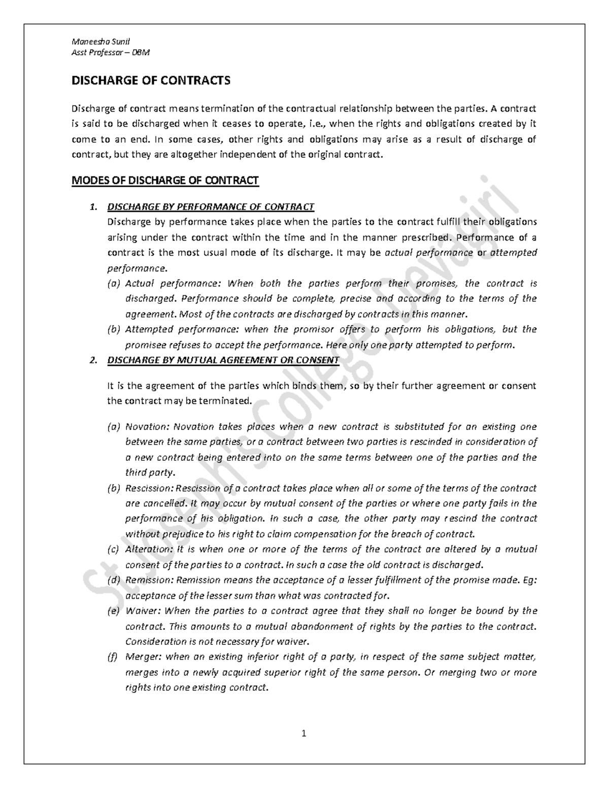 BR 2 (Module 1) - Good - Asst Professor – DBM DISCHARGE OF CONTRACTS Discharge of contract means ...