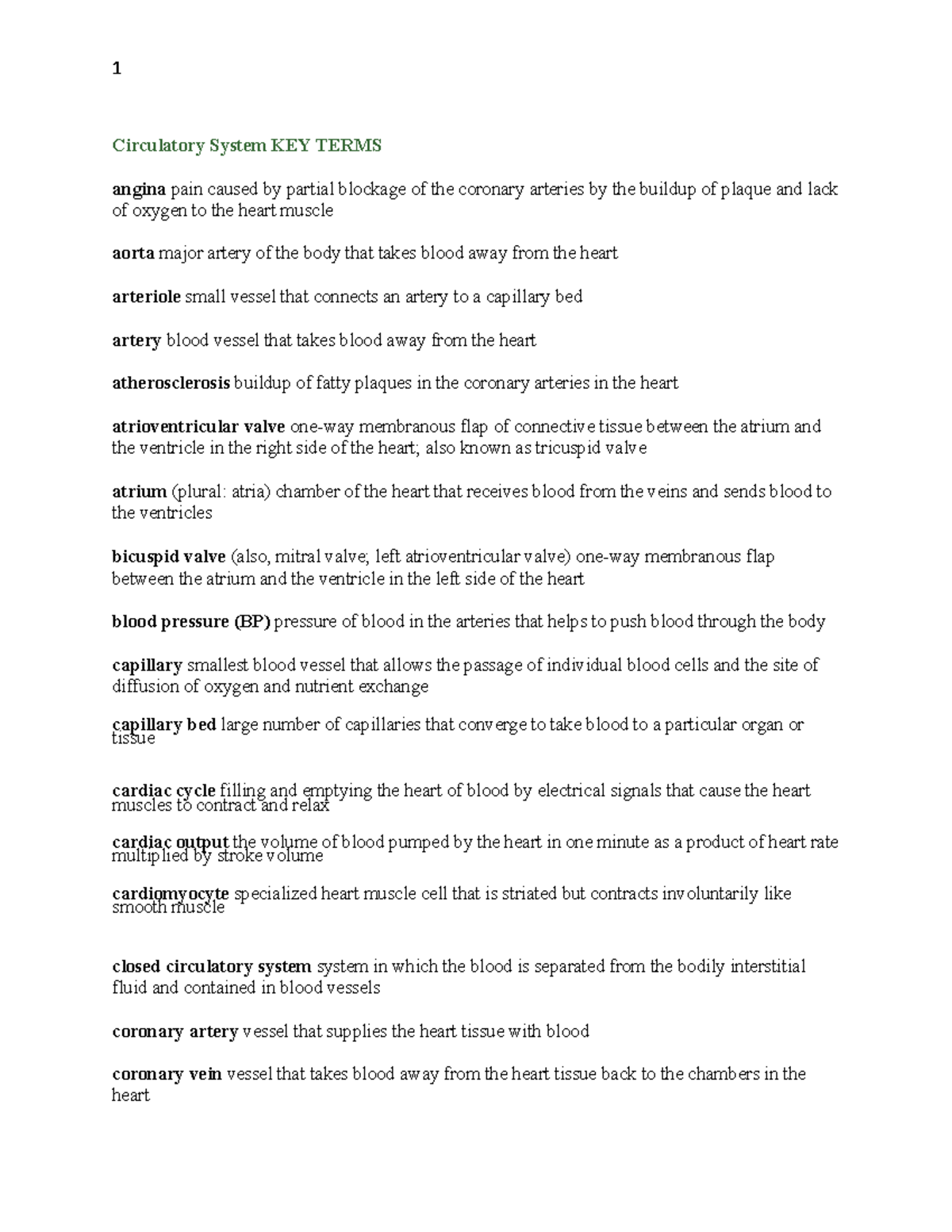 Circulatory System Key Words