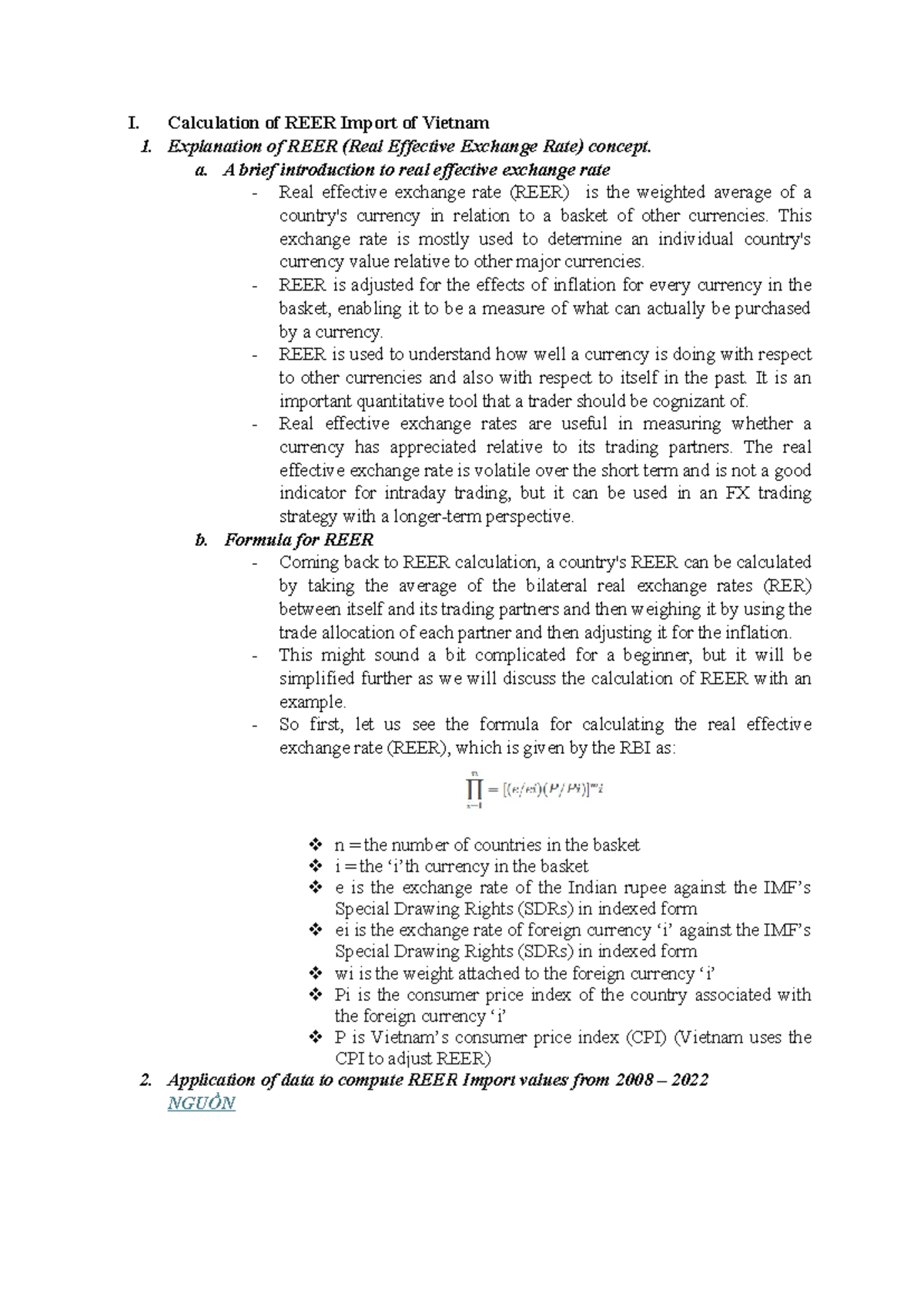 Tcqt - ... - I. Calculation of REER Import of Vietnam 1. Explanation of ...