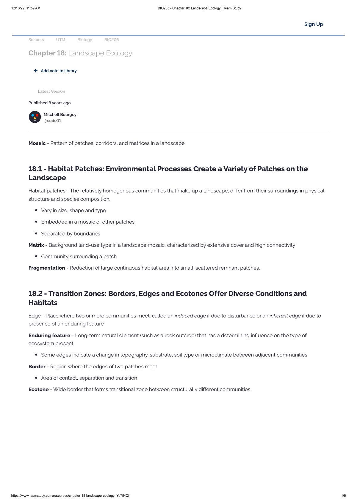 BIO205 - Chapter 18 Landscape Ecology Team Study - Schools UTM Biology ...