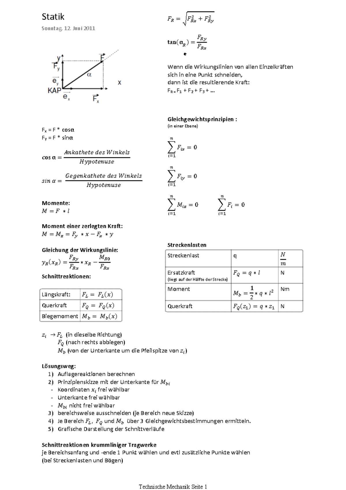 Technische Mechanik-Formelsammlung 1 - Fx = F * cosɲ Fy = F * sinɲ ɲ ൌ ...