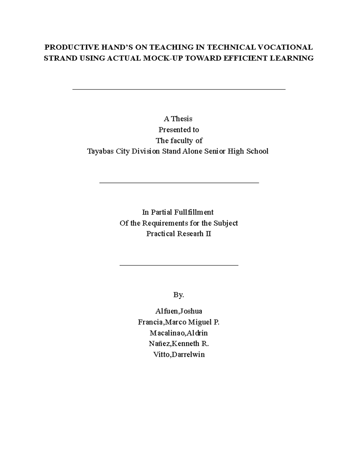 PRODUCTIVE HAND’S ON TEACHING IN TECHNICAL VOCATIONAL STRAND USING ...