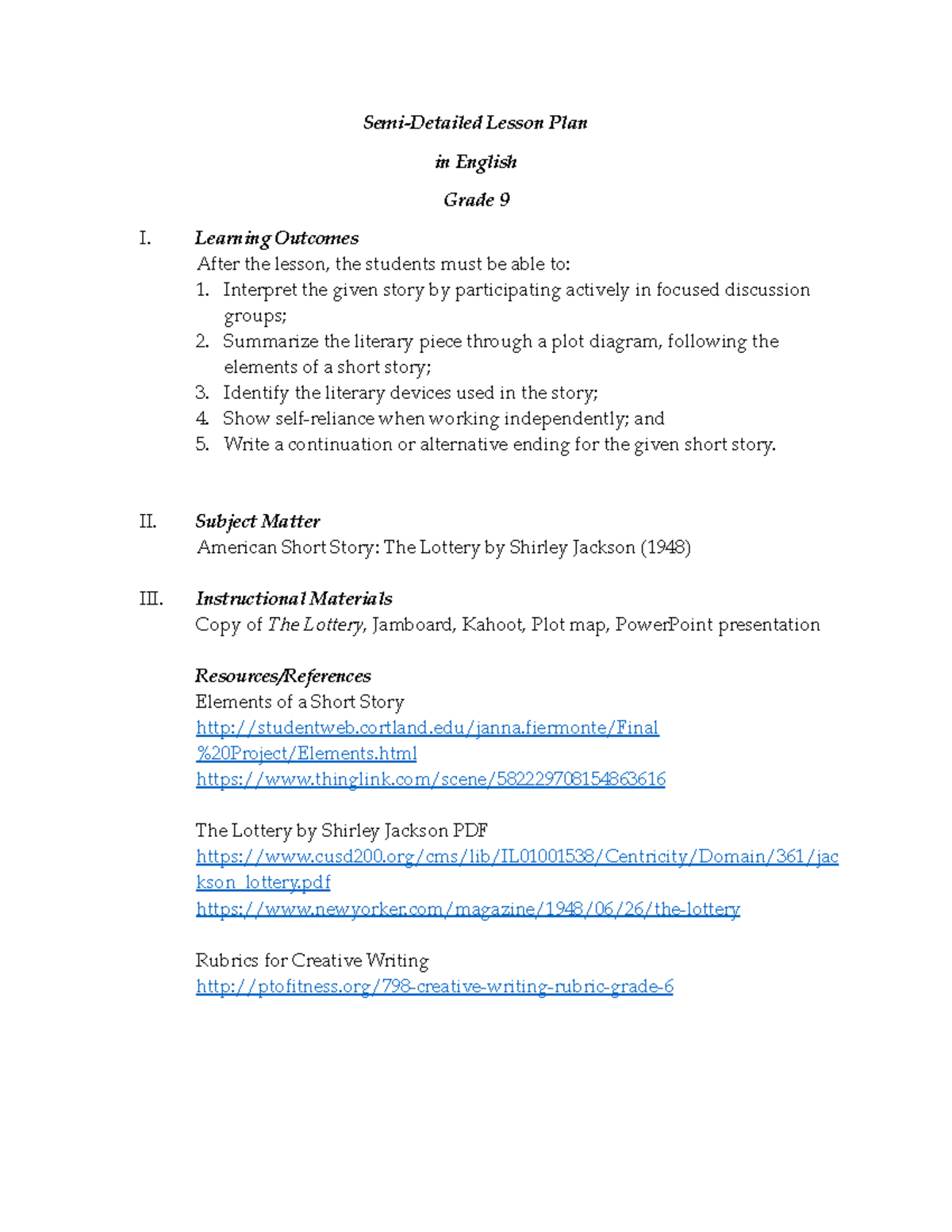 Eng 9 US Short Story (The Lottery) - Semi-Detailed Lesson Plan in ...