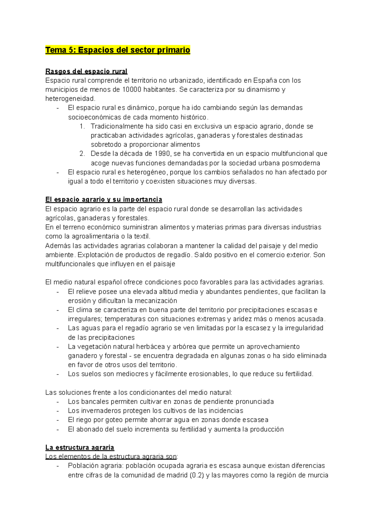 Tema 5 Geografía - Tema 5: Espacios del sector primario Rasgos del ...