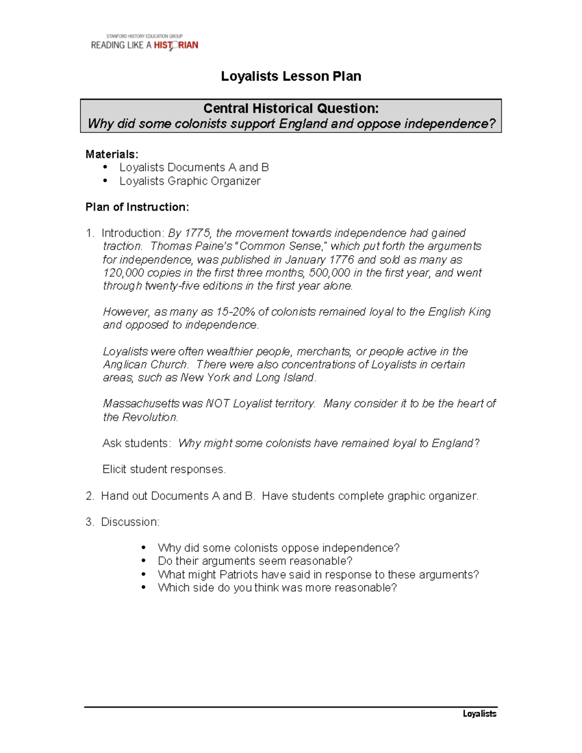 Loyalist Lesson Plan - Loyalists Lesson Plan Central Historical ...