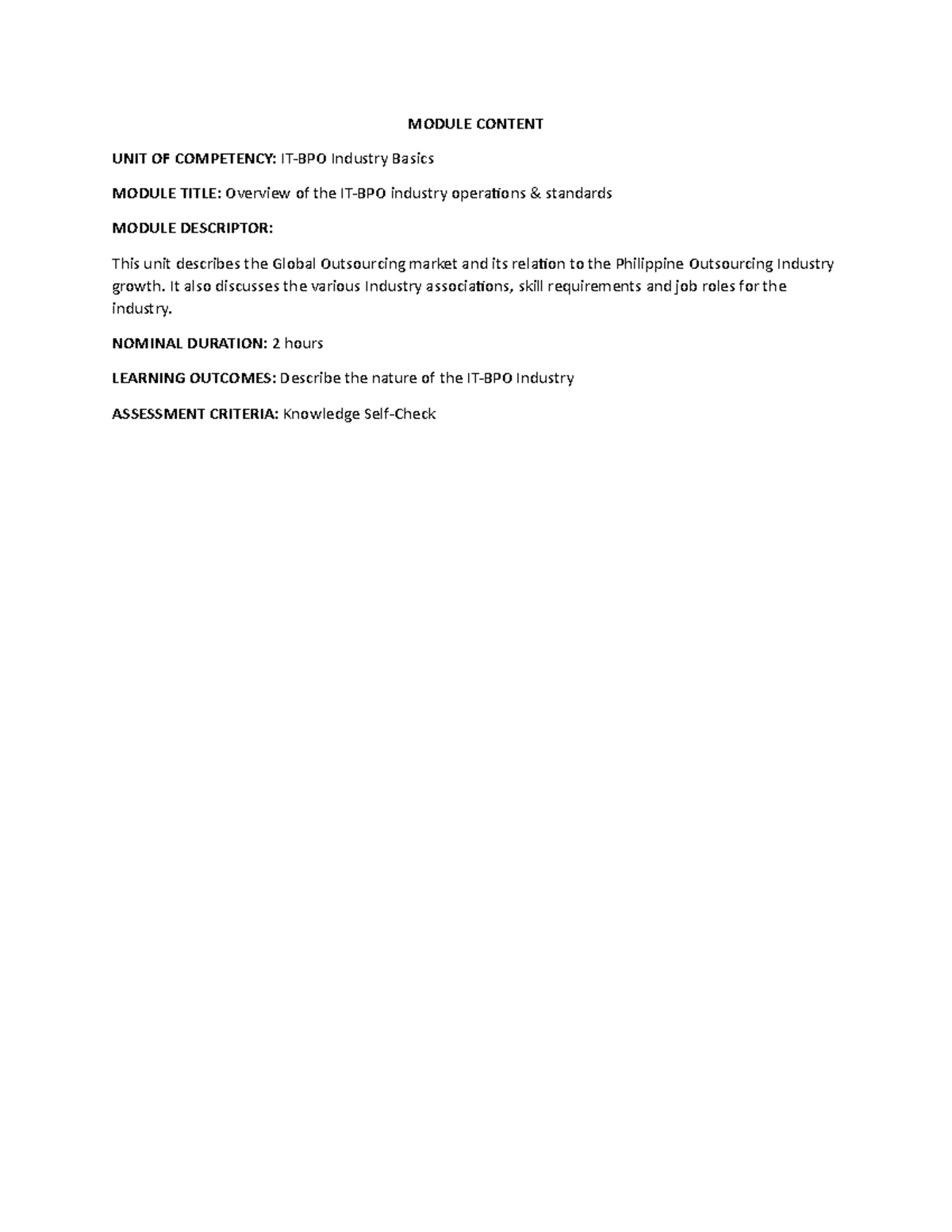 BPO1 - ..... - MODULE CONTENT UNIT OF COMPETENCY: IT-BPO Industry ...