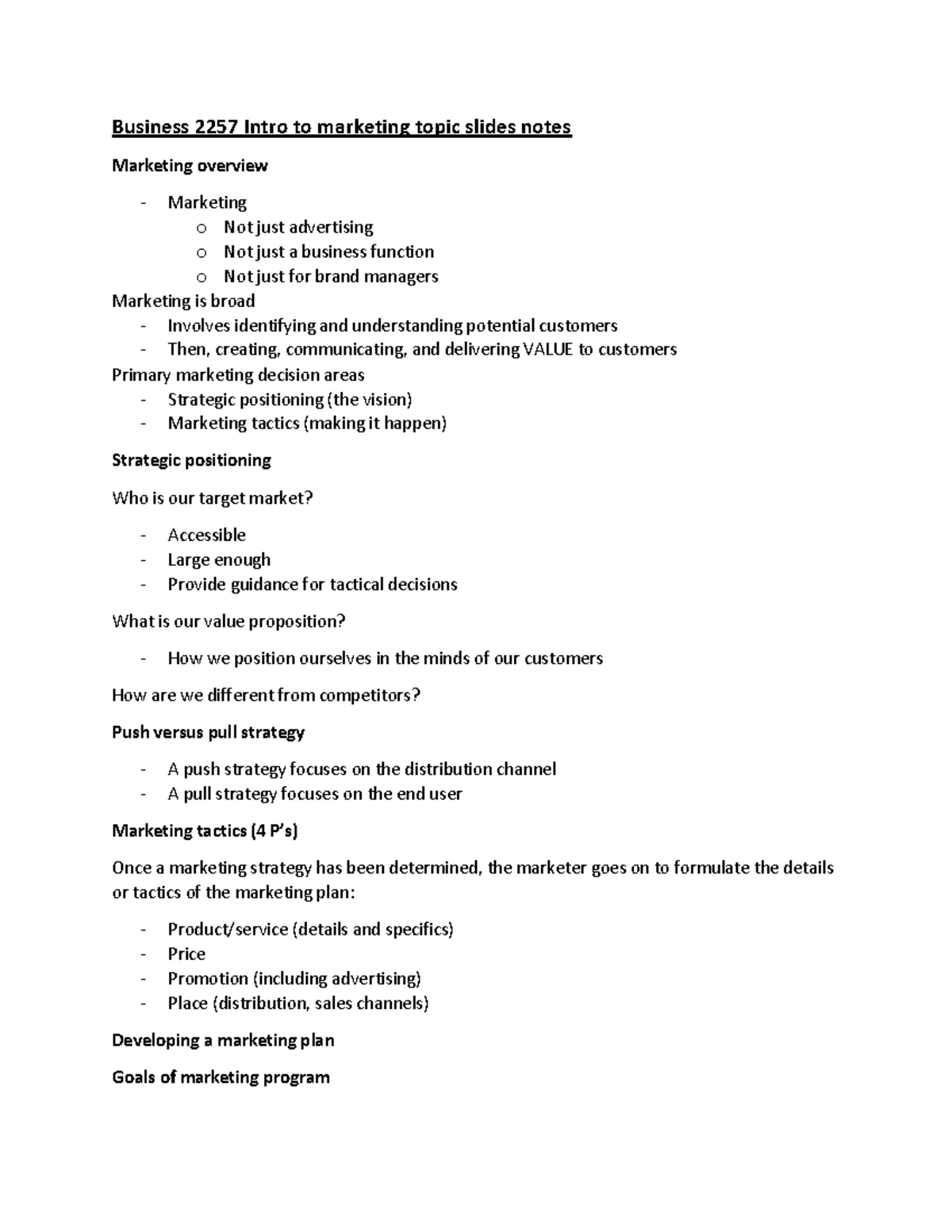 Business 2257 Intro to marketing topic slides notes - Studocu
