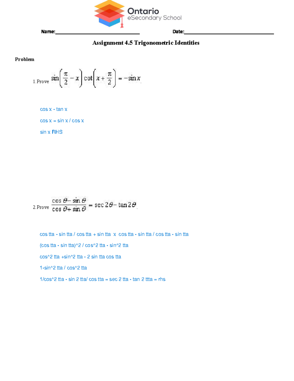 OES 4.8 Assignment 1 Solved - Assignment 4 Trigonometric Identities ...