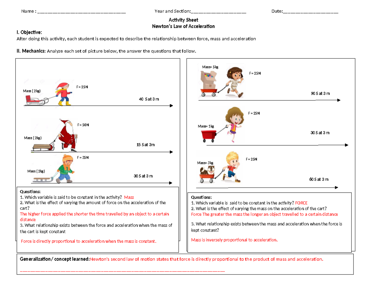 Activity Sheet on Acceleration - Activity Sheet Newton’s Law of ...