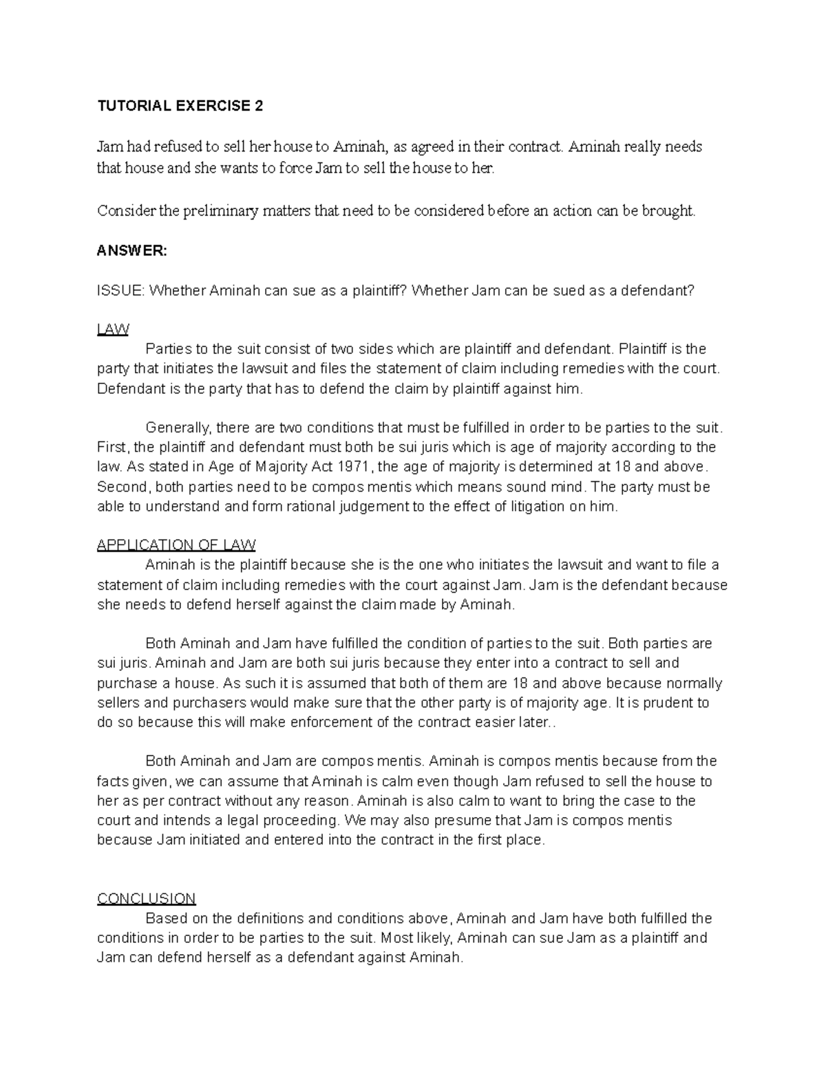 LAW033 Manual PG30 -test - TUTORIAL EXERCISE 2 Jam had refused to sell ...