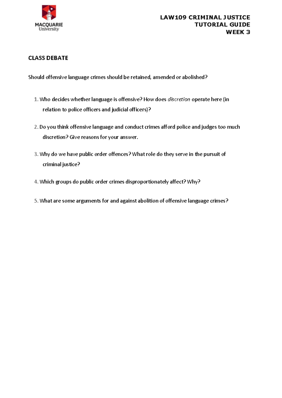 LAW109 Tutorial Guide W3 S2 - LAW109 CRIMINAL JUSTICE TUTORIAL GUIDE ...