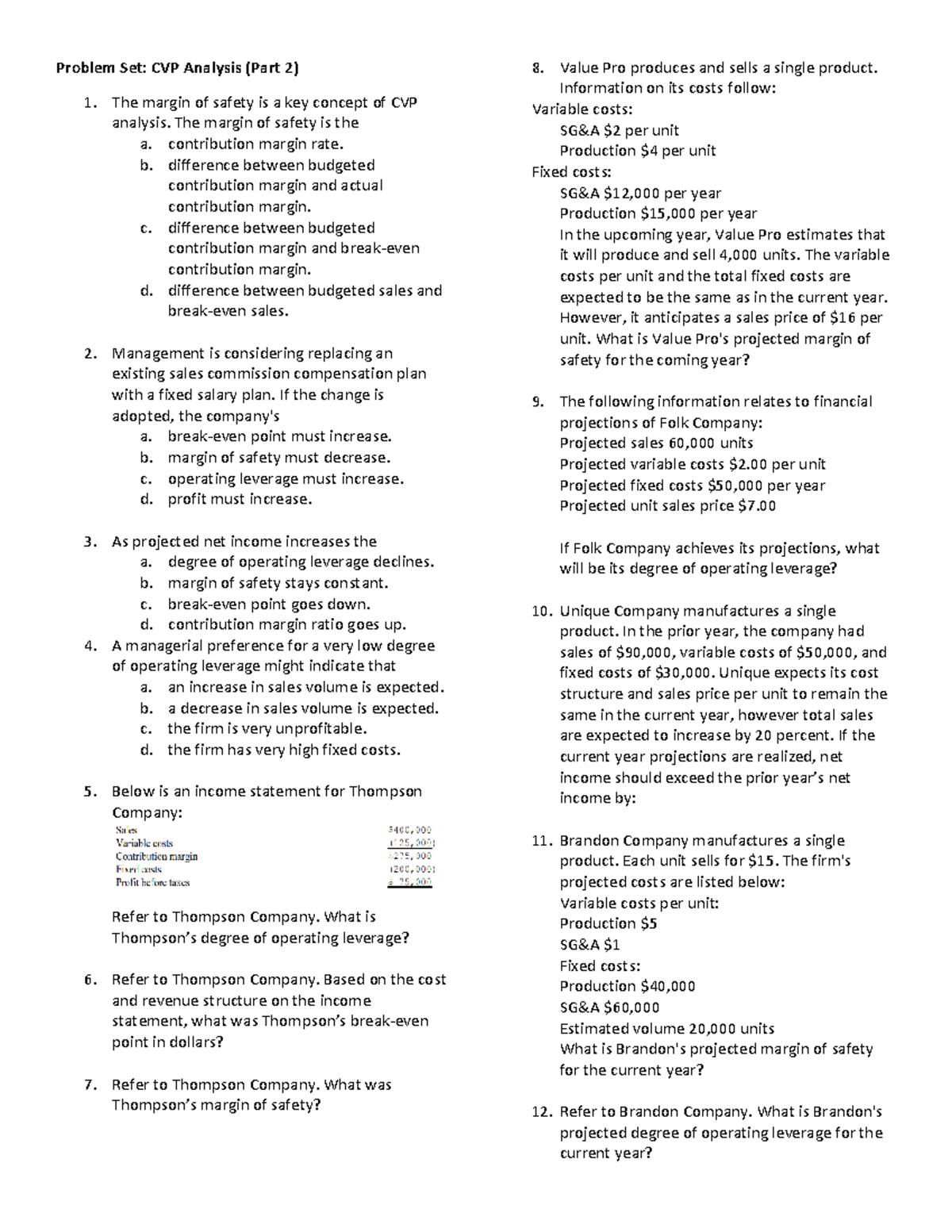 PS CVP Part 2 Final - Answer and Solutions - Problem Set: CVP Analysis ...