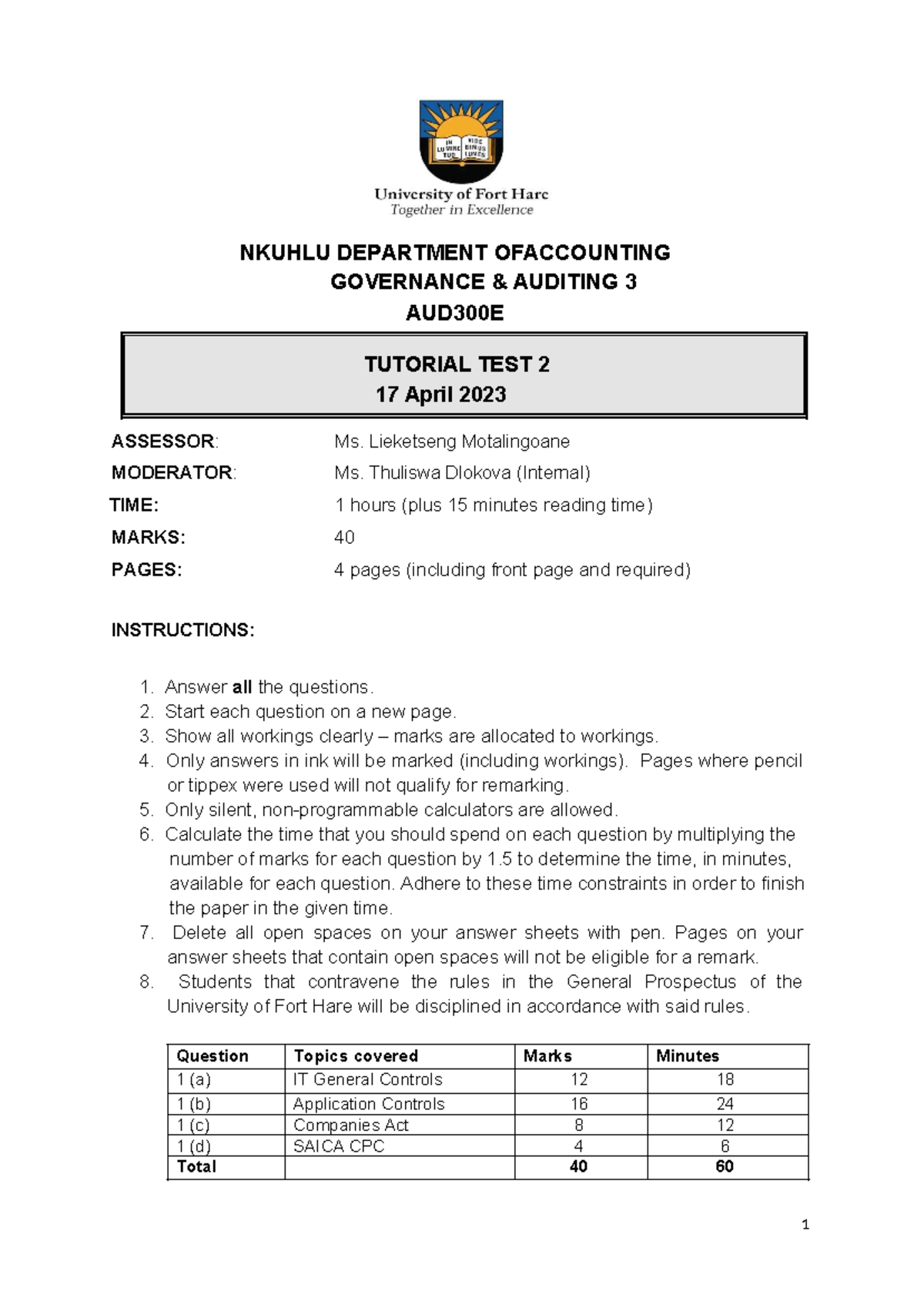 AUD 3 Tutorial Test 2 - Question Final draft - NKUHLU DEPARTMENT ...
