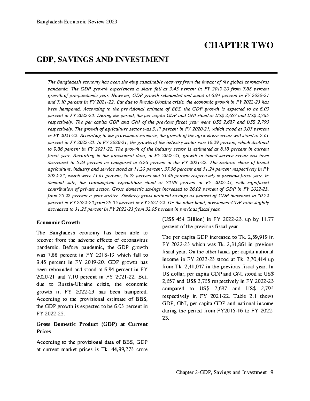 Chapter-2 (English-2023) - CHAPTER TWO GDP, SAVINGS AND INVESTMENT The Bangladesh economy has ...