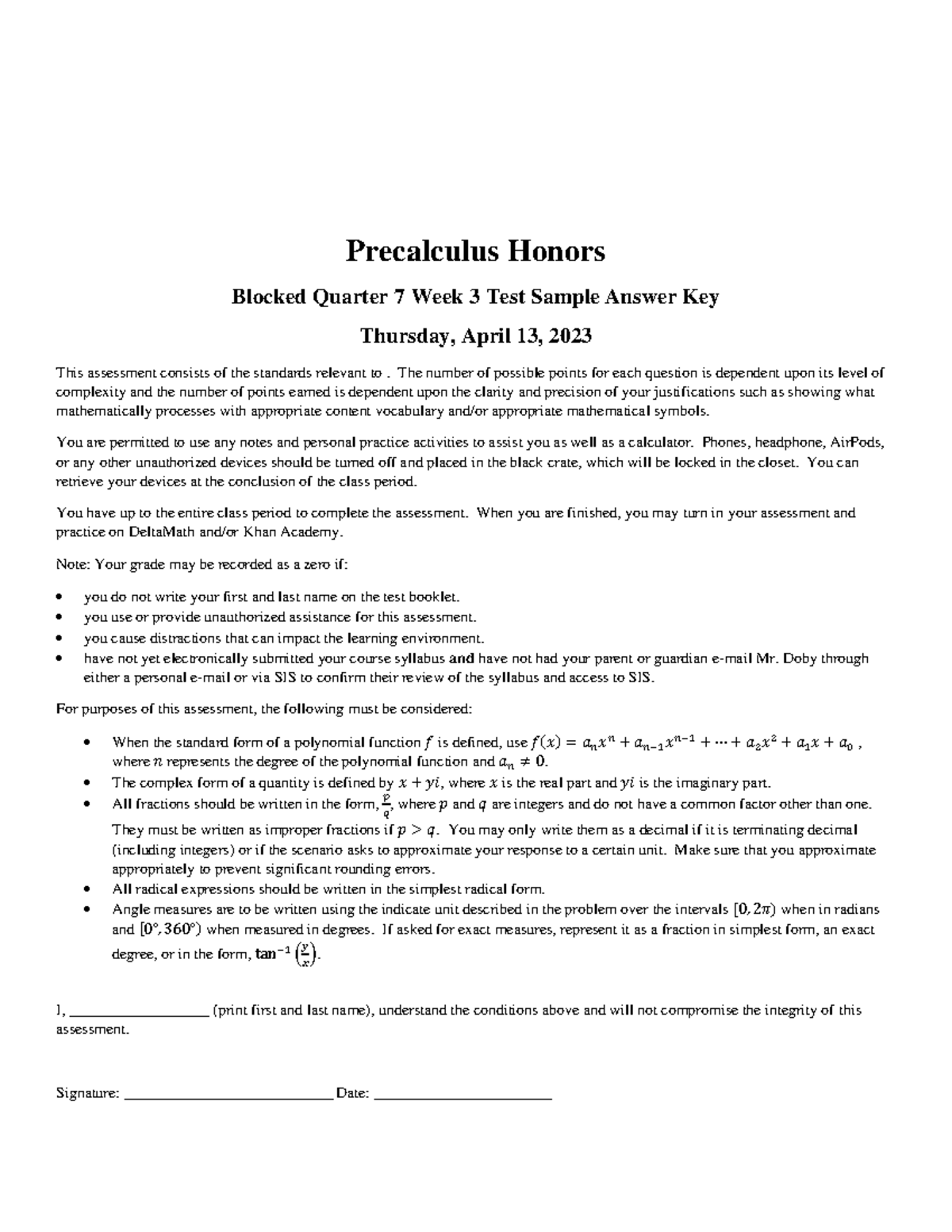 Precalculus Honors BQ7 Week 3 Test Sample Answer Key - Precalculus ...