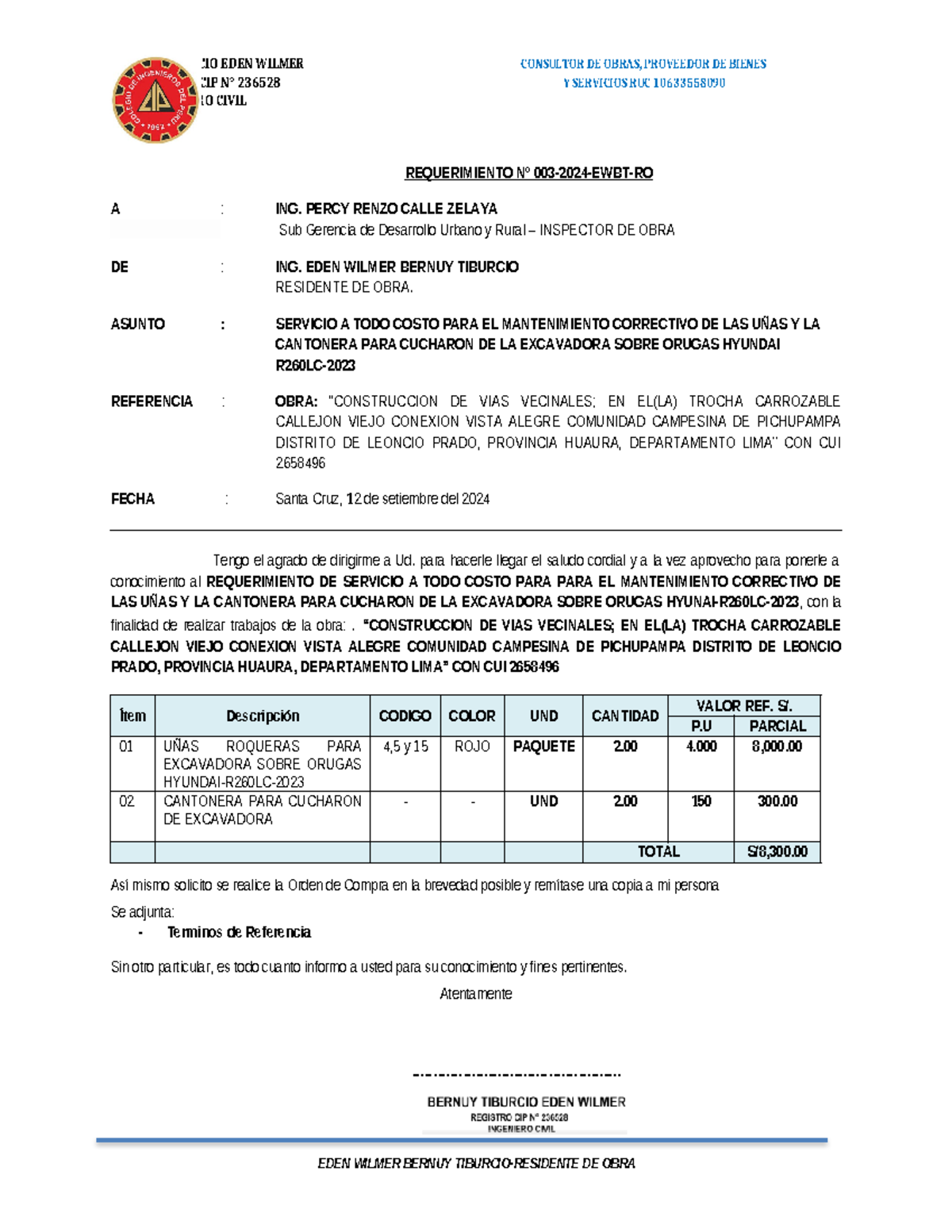 Requerimiento N° 003-RES Bernuy-RO - Servicio DE UÑAS - REGISTRO CIP N° 236528 Y SERVICIOS RUC ...