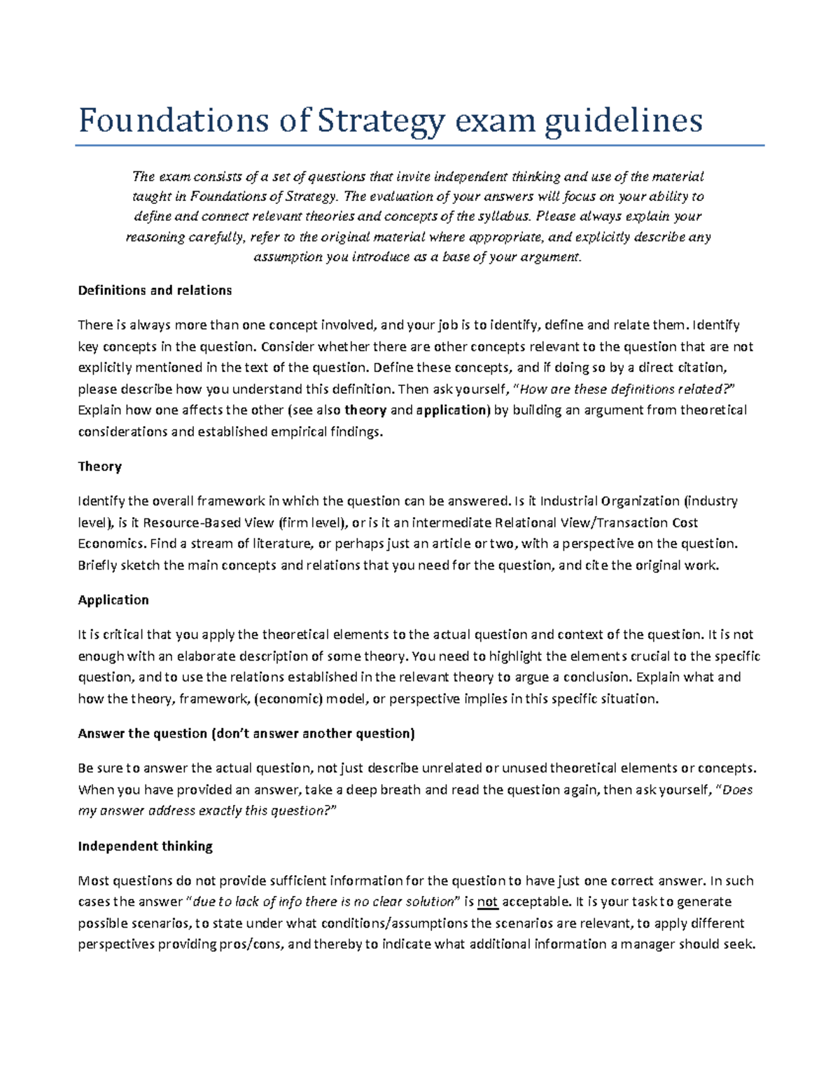 Exam Guidelines - Notes - Foundations of Strategy exam guidelines The ...