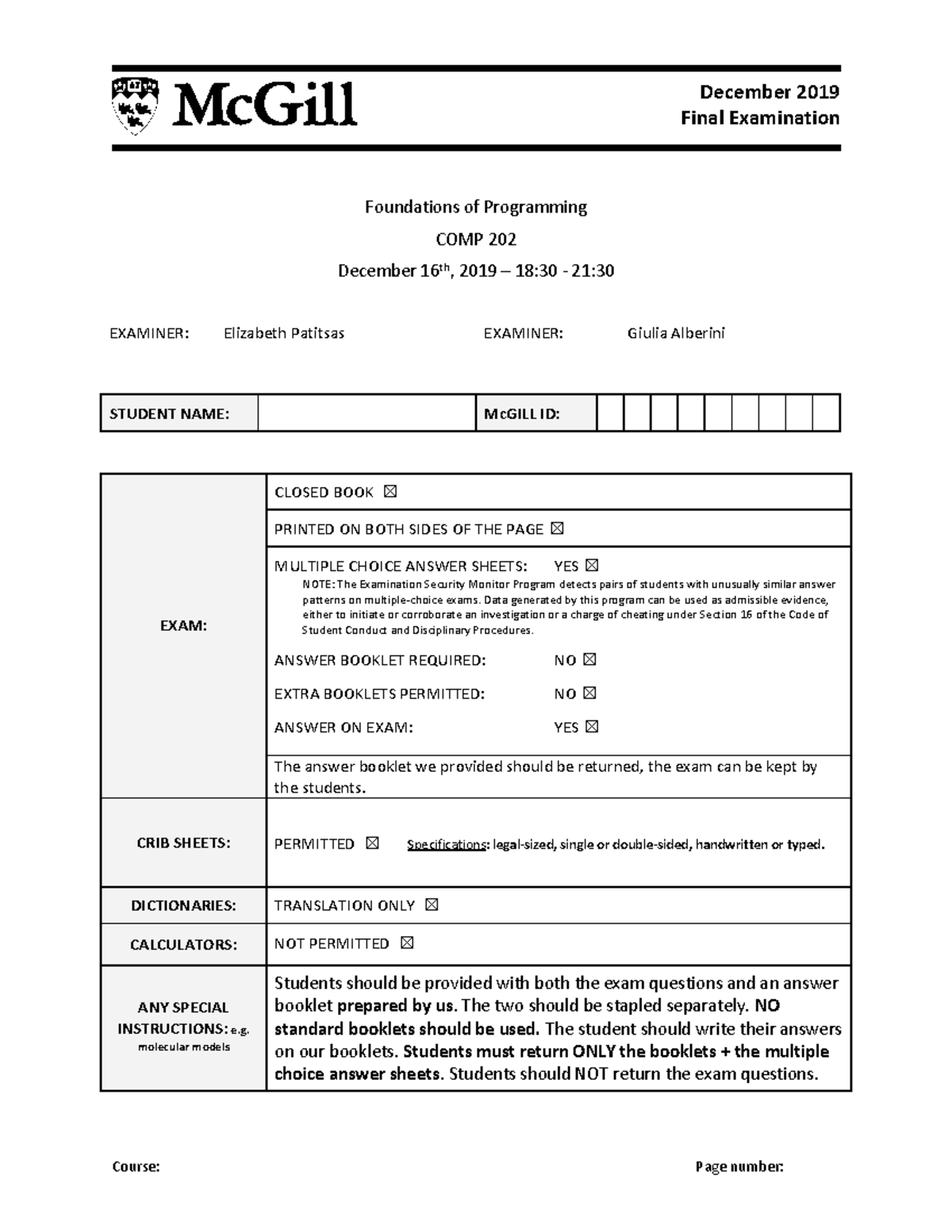 Final COMP202 F2019 - past paper - Course: Page number: December 2019 ...