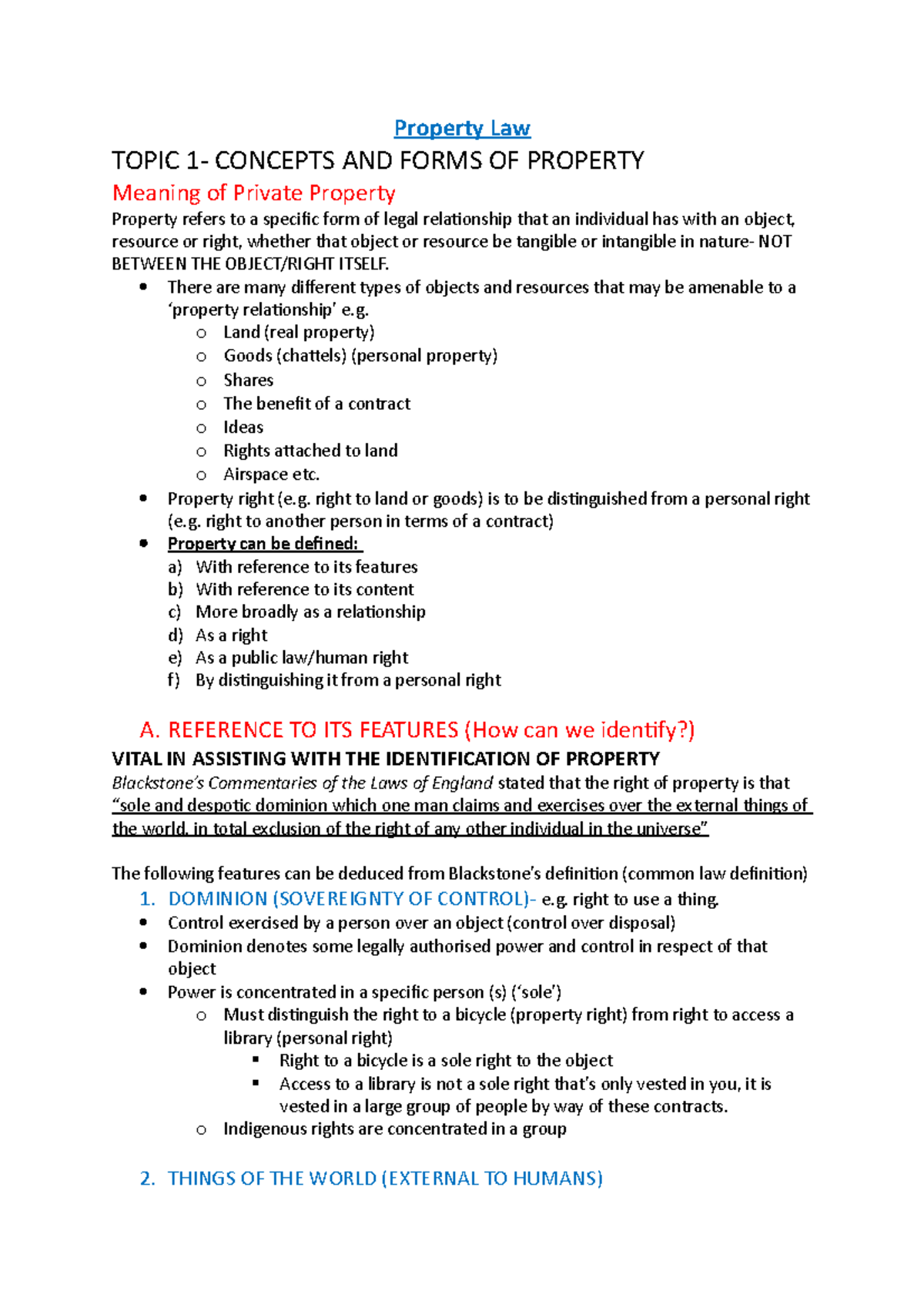 Property Law Notes - Property Law TOPIC 1- CONCEPTS AND FORMS OF ...