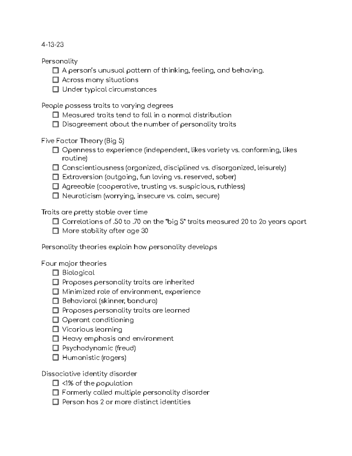 Psych notes unit 4 - psy 110 - 4-13- Personality A person’s unusual ...