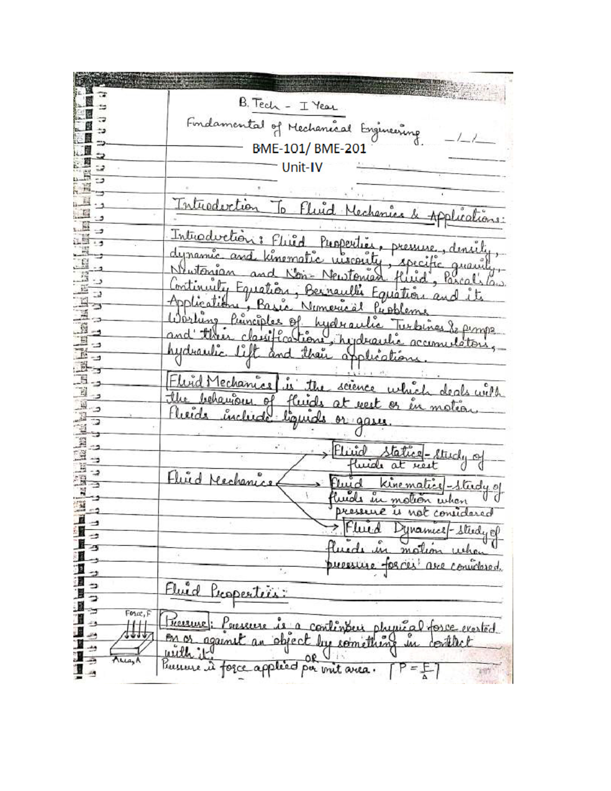 Unit 4.1 BME101 Fluid Mechanics properties - Basic mechanical engineering - Studocu