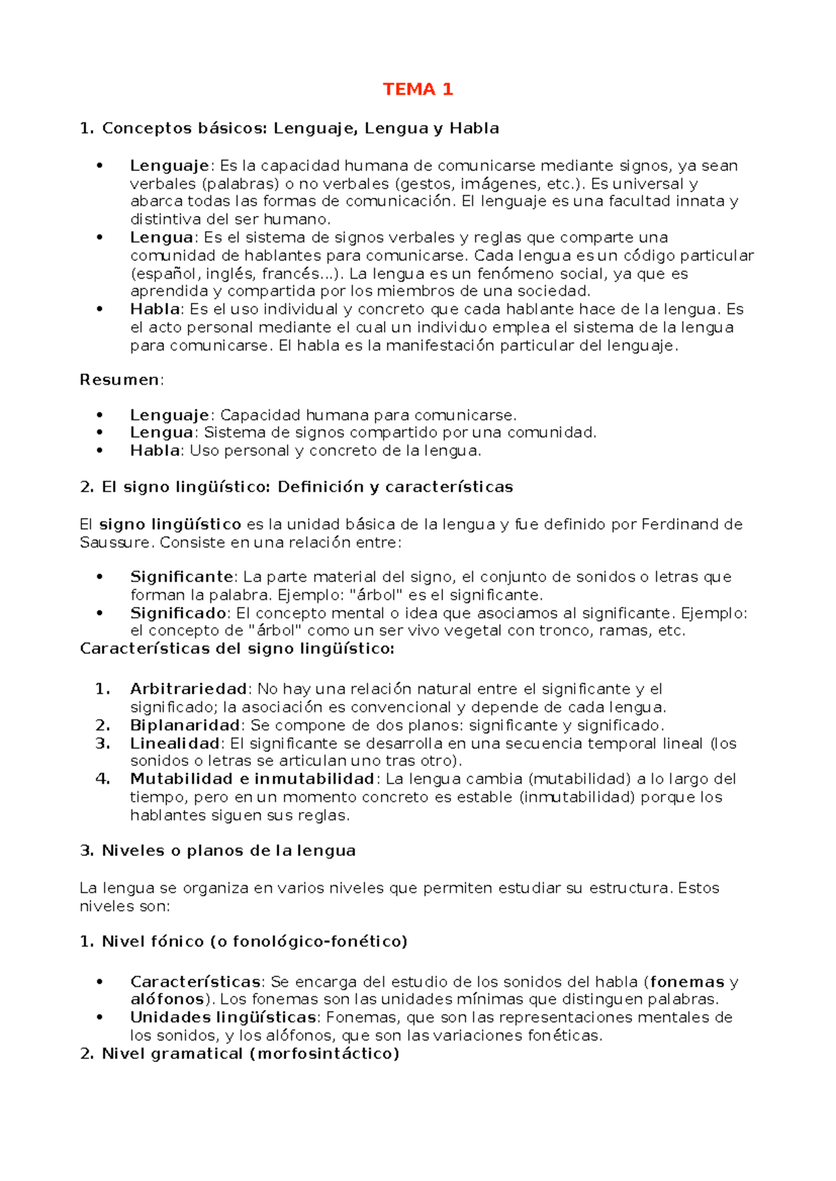 Lengua 1,2,3 - TEMA 1 Conceptos básicos: Lenguaje, Lengua y Habla Lenguaje: Es la capacidad ...